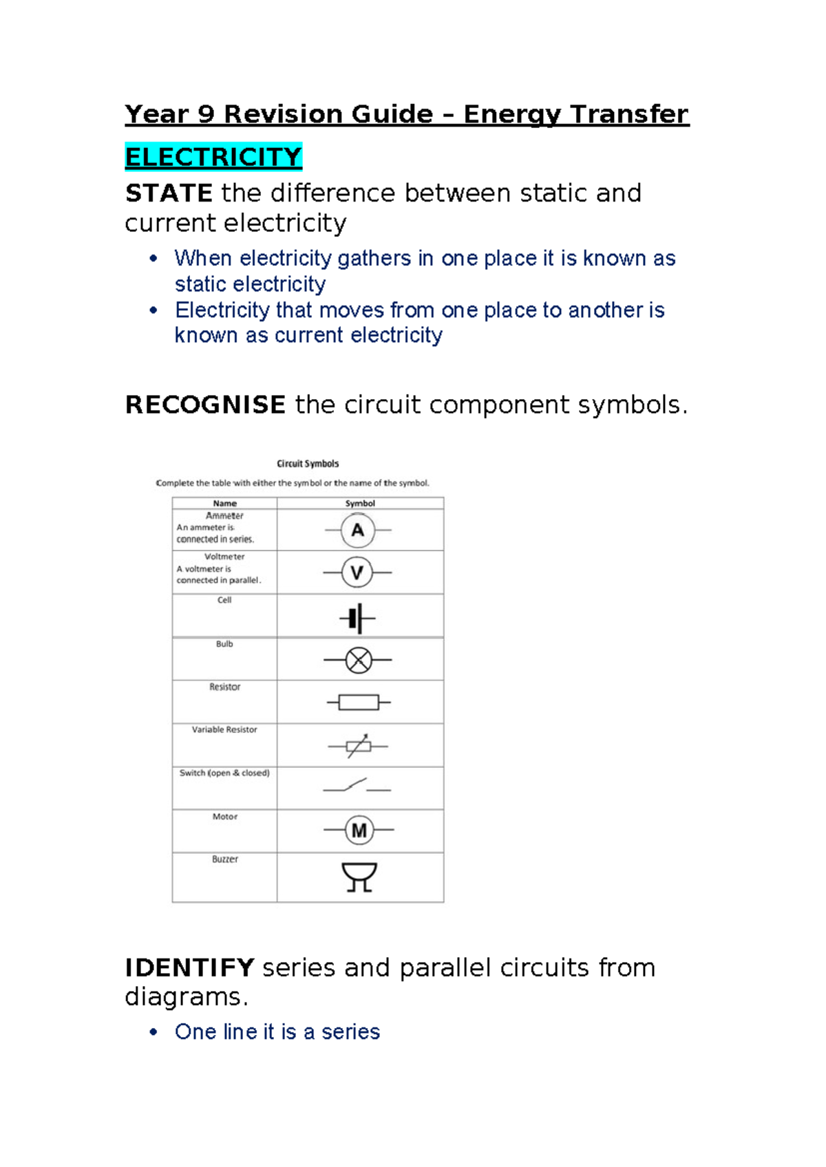 Year 9 Physics Revision Guide: Energy Transfer & Electricity Concepts ...