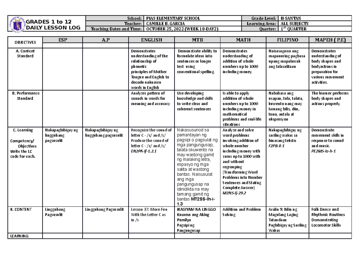 DLL ALL Subjects 2 Q1 W10 D2 - GRADES 1 to 12 DAILY LESSON LOG School ...