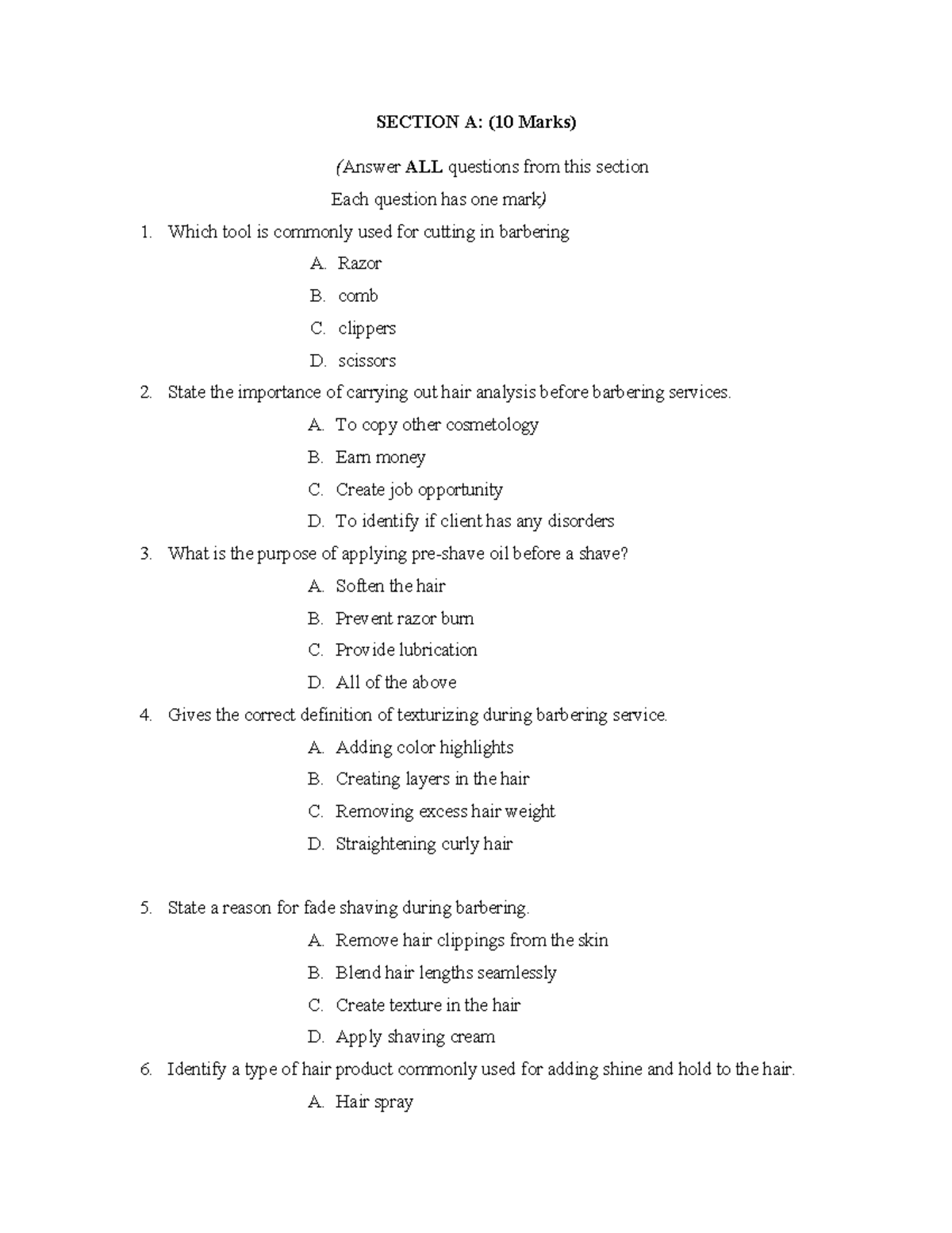 Barbering Quiz: Section A (10 Marks) - Answer All Questions - Studocu
