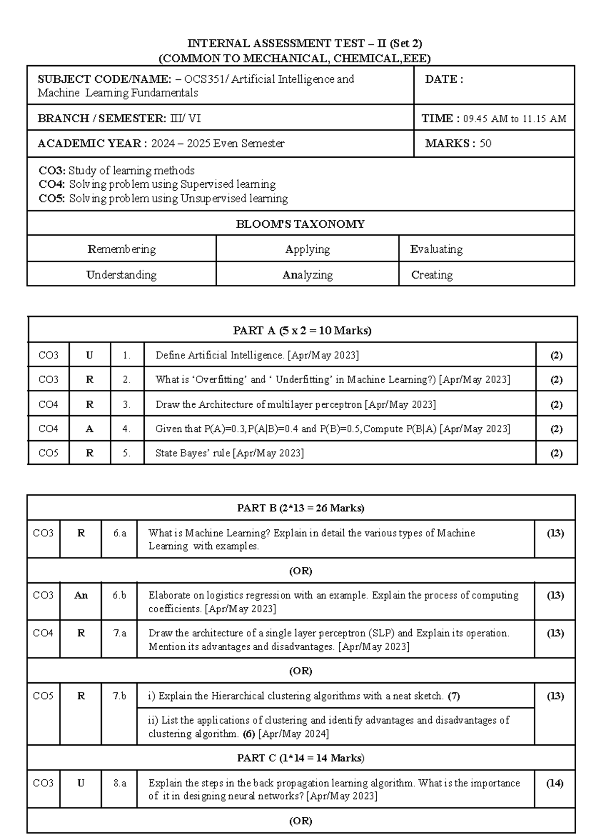 AIML IAT-II SET2 - questtion paper - INTERNAL ASSESSMENT TEST – II (Set ...