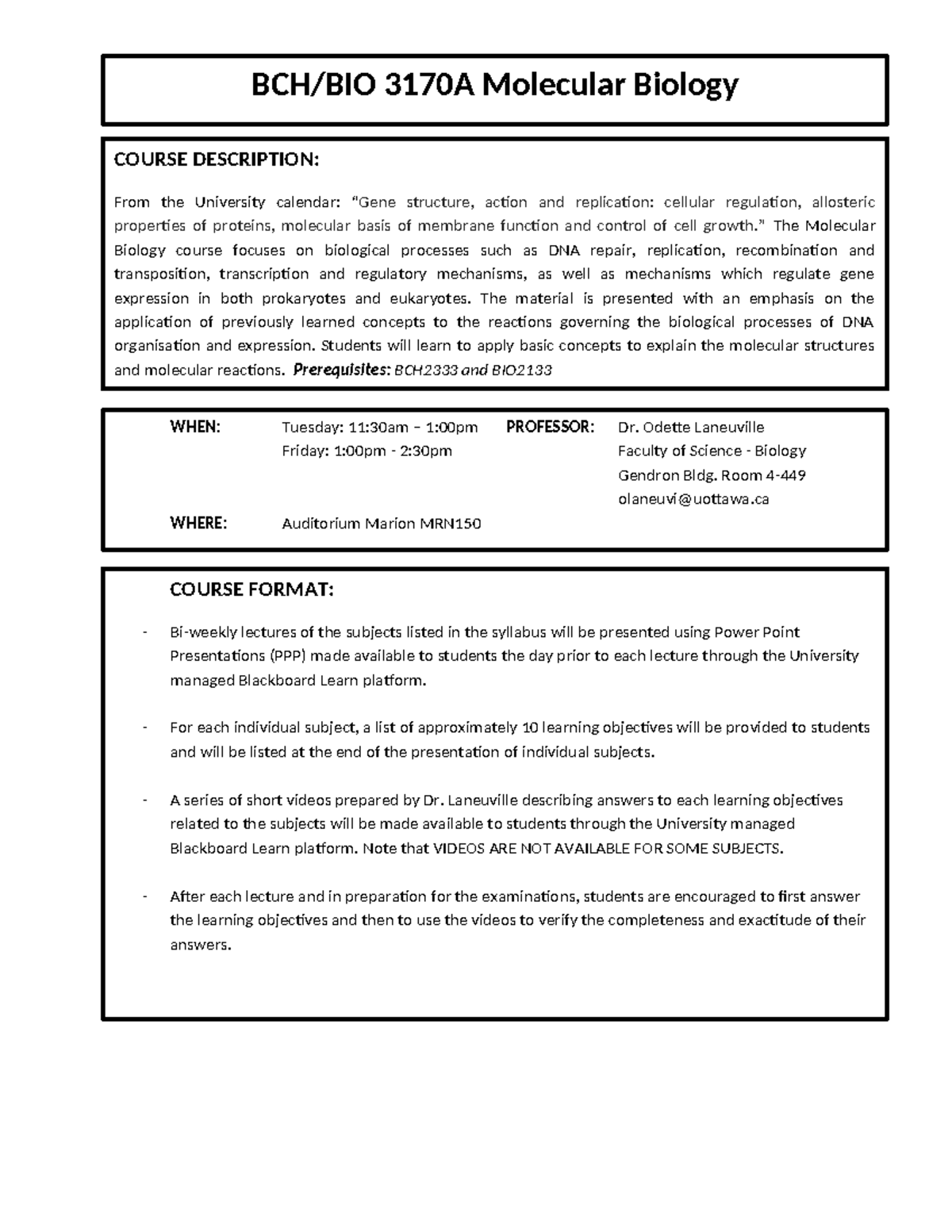 Syllabus BCH/BIO 3170A: Molecular Biology Course Overview & Schedule ...