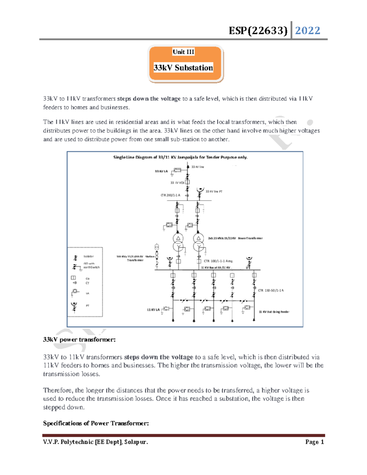 Esp ch-3 - Chapter notes - Unit III 33kV Substation 33kV to 11kV ...
