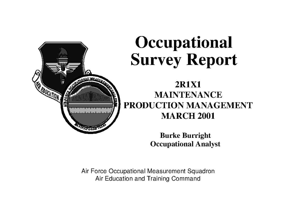 Occupational Survey Report 2R1X1: Maintenance Production Management ...