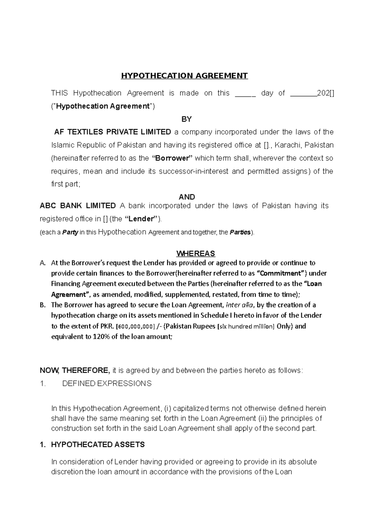 Draft Hypothecation Agreement Sample for Legal Reference - Studocu