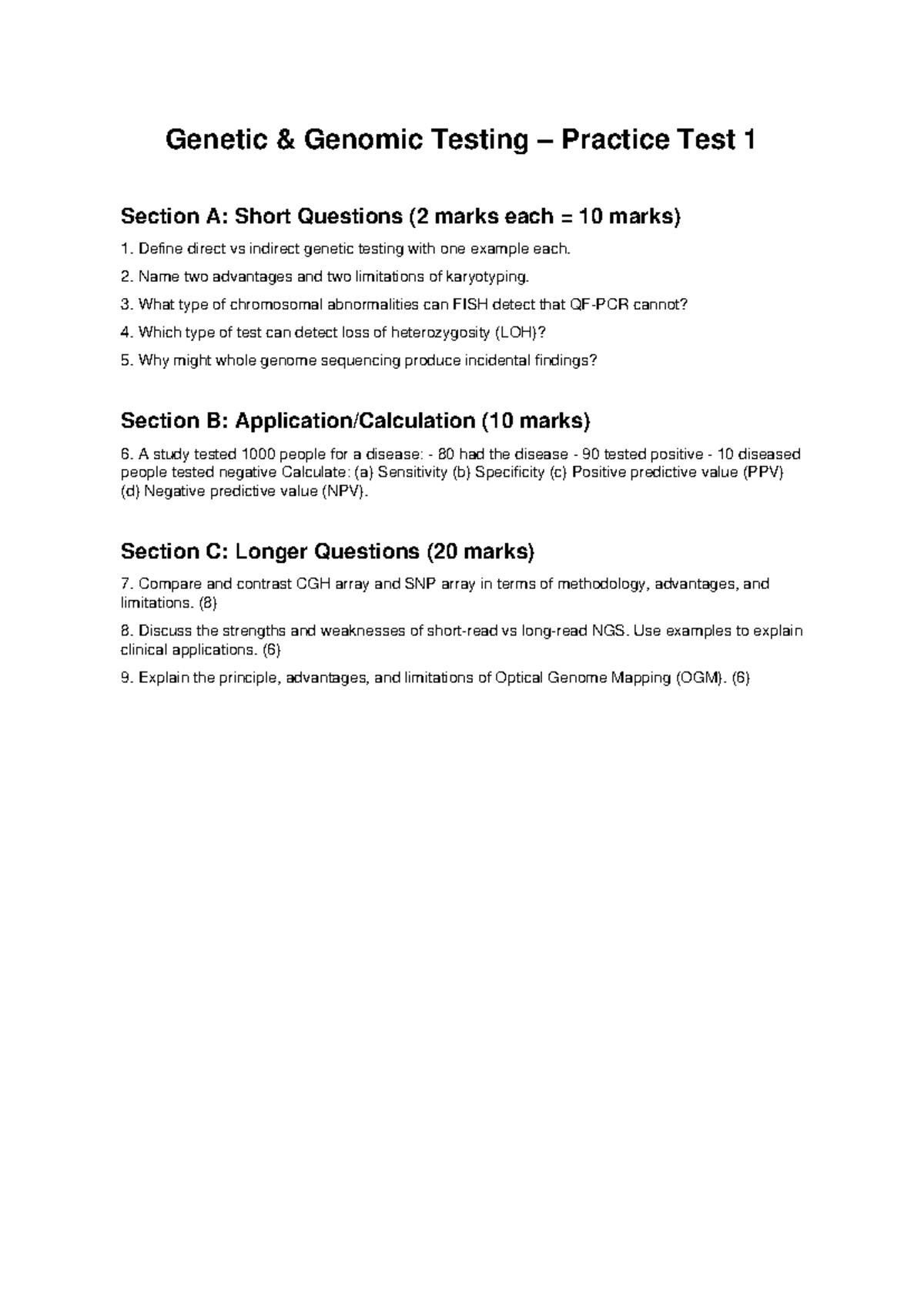 Genetic Testing Practice Test 1: Short & Long Questions - Studocu