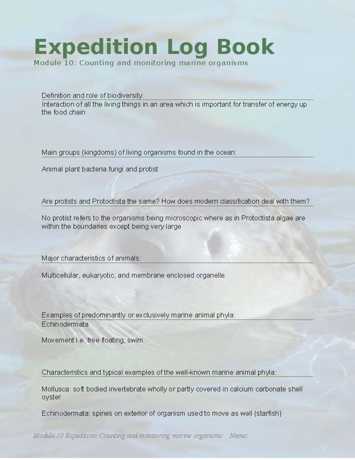Log Book 10: Monitoring Marine Organisms and Biodiversity - Studocu
