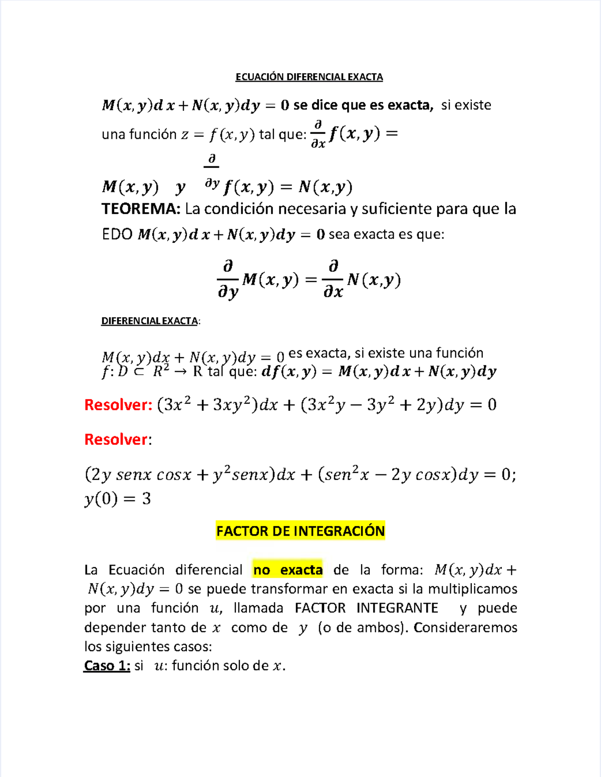 Ecuacion-diferencial-exacta - Casos Factor Integrante - ECUACIÓN ...