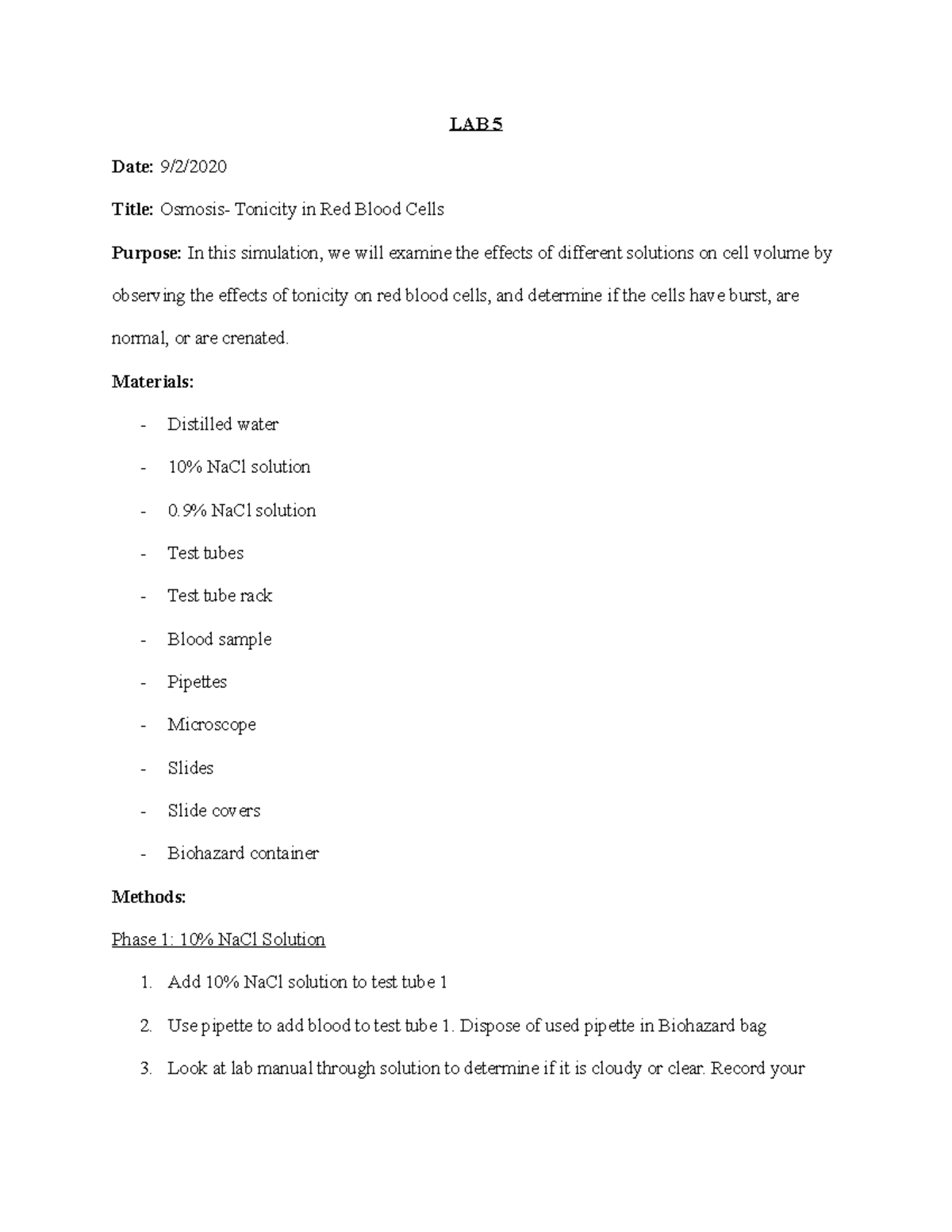 Lab 5: Osmosis and Tonicity Effects on Red Blood Cells (Biology) - Studocu