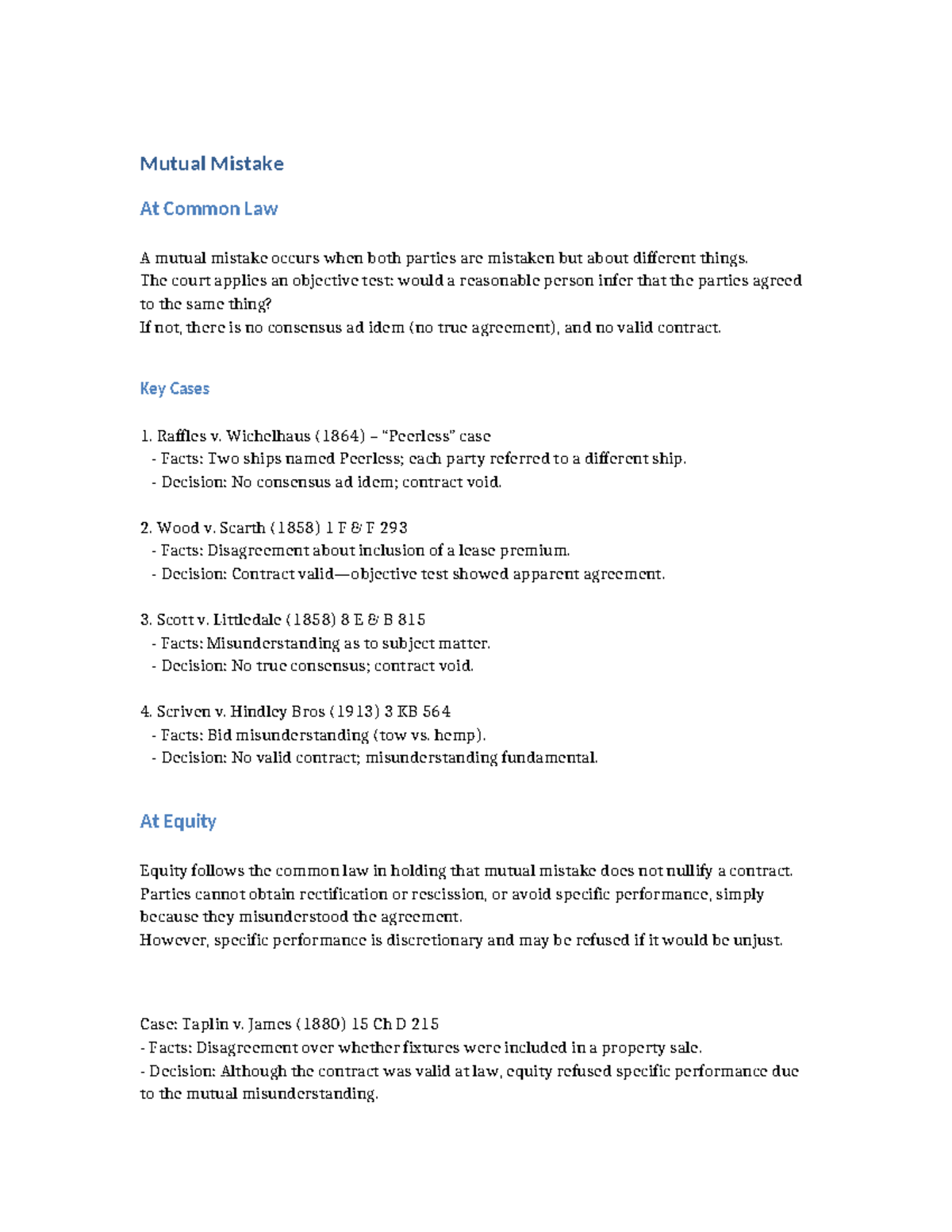 Mutual Mistake in Common Law: Key Cases & Principles Summary - Studocu