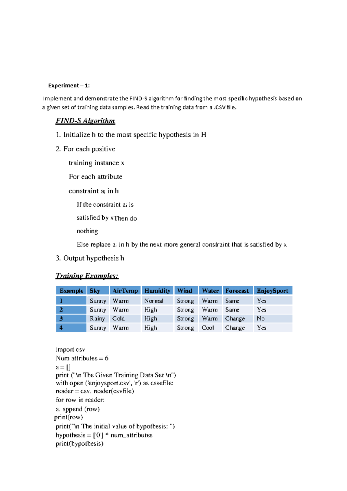 ML LAB Manual - FIND-S, Candidate Elimination & Decision Tree Algorithms - Studocu