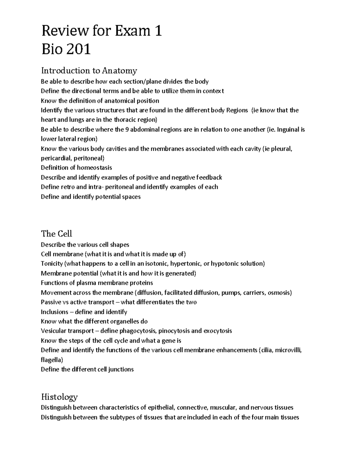 Review for Exam 1: Anatomy & Cell Biology Concepts (Bio 201) - Studocu