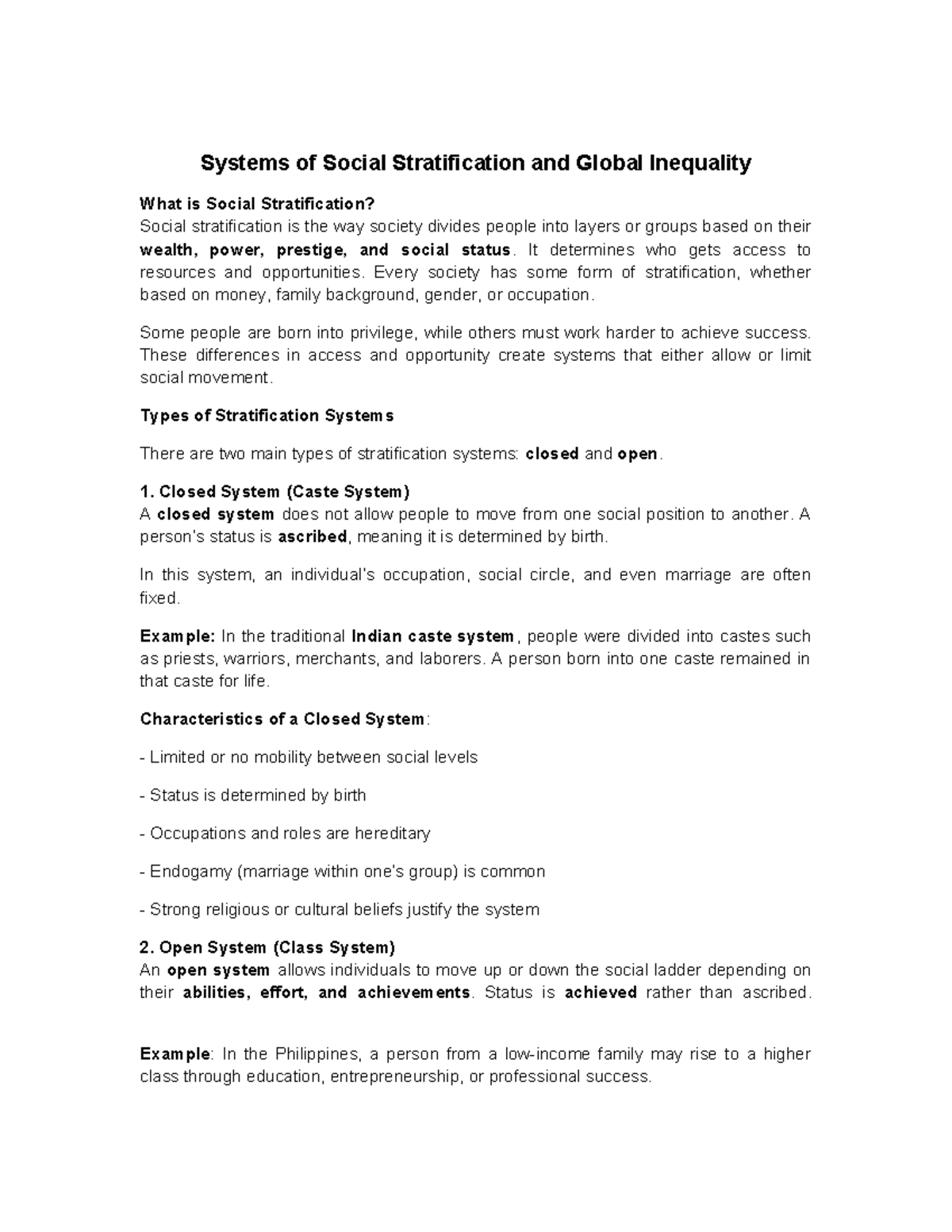 Lesson on Social Stratification & Global Inequality - Studocu