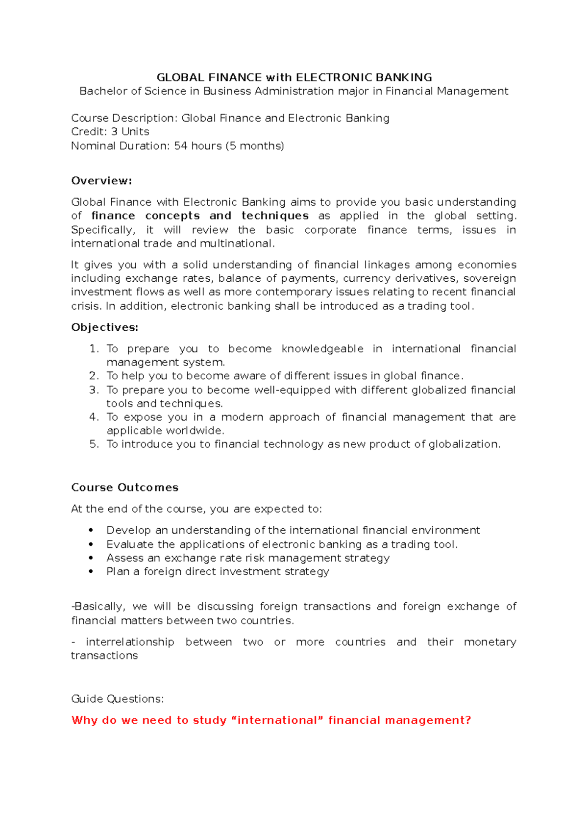 Global Finance and Electronic Banking: An Introductory Overview - Studocu