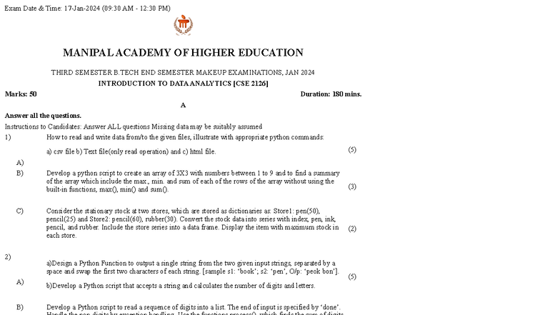 Data Analytics (CSE-2126) Third Sem B.Tech Makeup Exam Jan 2024 - Studocu