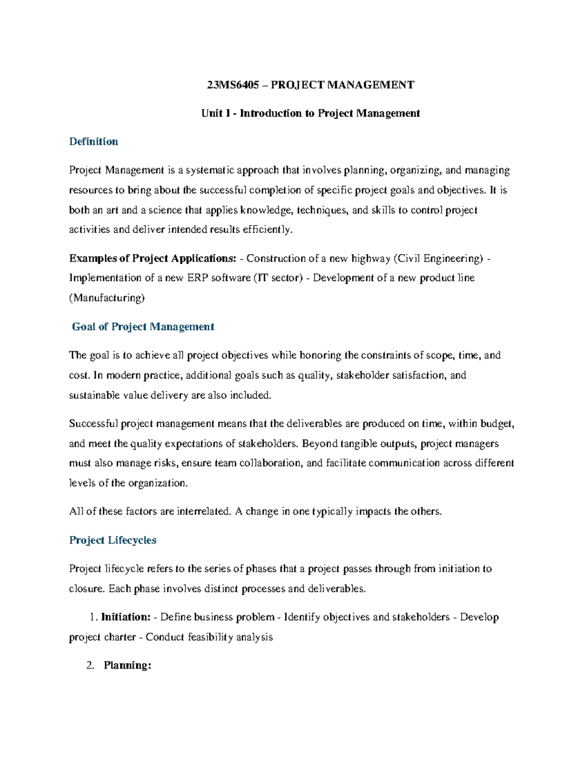 23MS6405 PROJECT MANAGEMENT Unit I Study Notes on Project Management ...