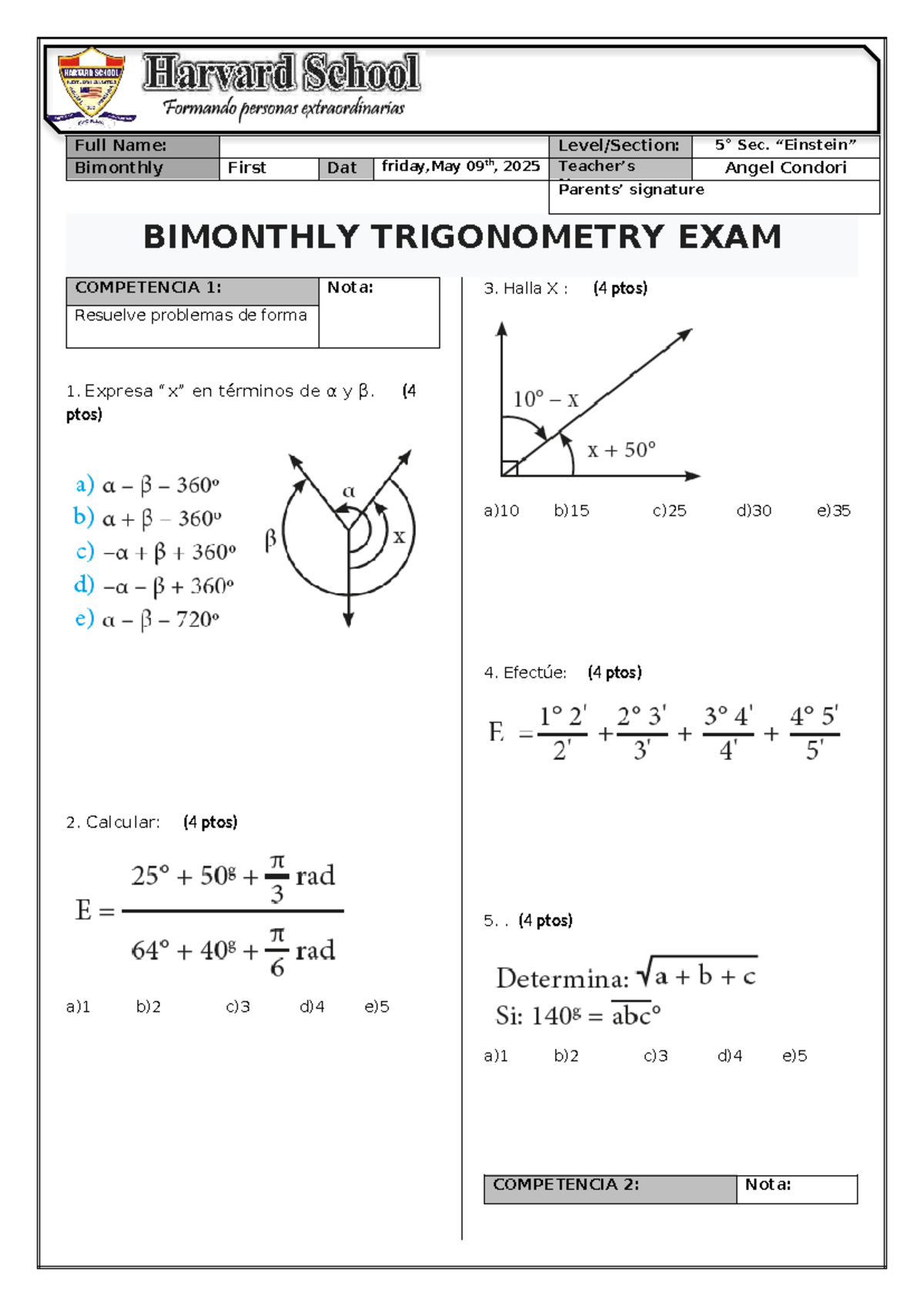 BIMONTHLY TRIGONOMETRY EXAM - FIRST TERM 2025 - Studocu