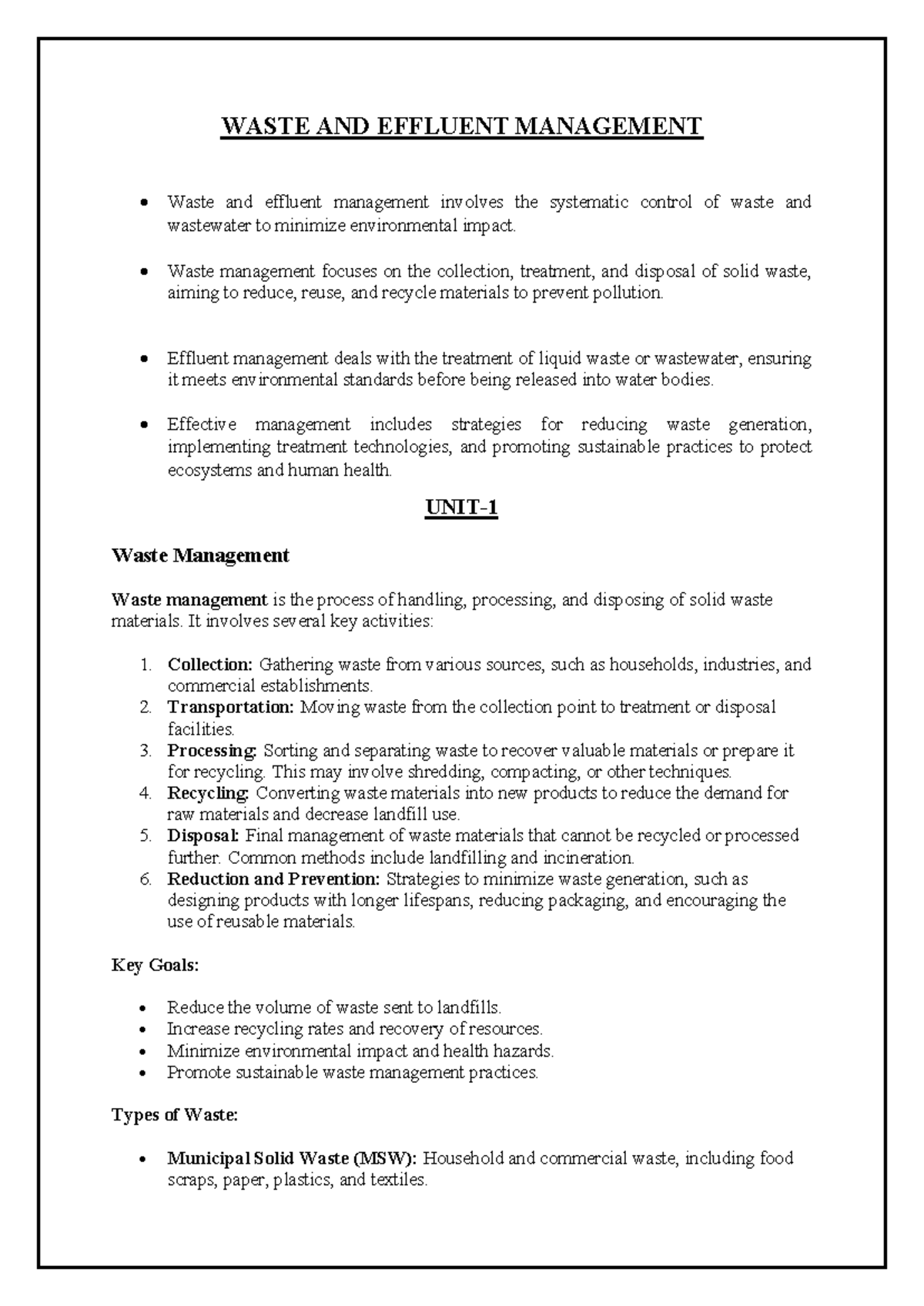 Waste and Effluent Management Overview - Unit 1 Guide - Studocu