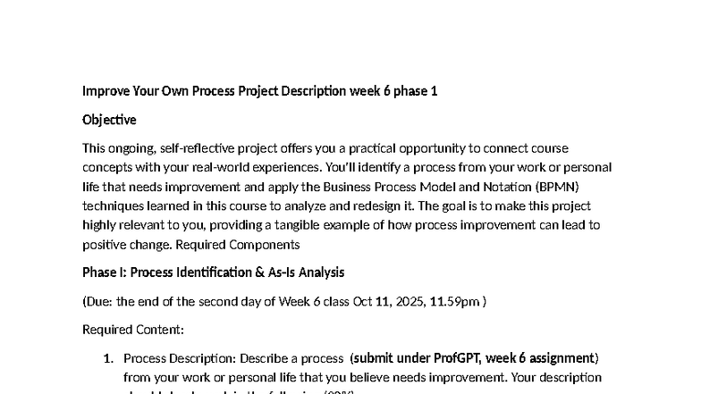 BPMN Process Improvement Project Description - Week 6 Phase 1 - Studocu