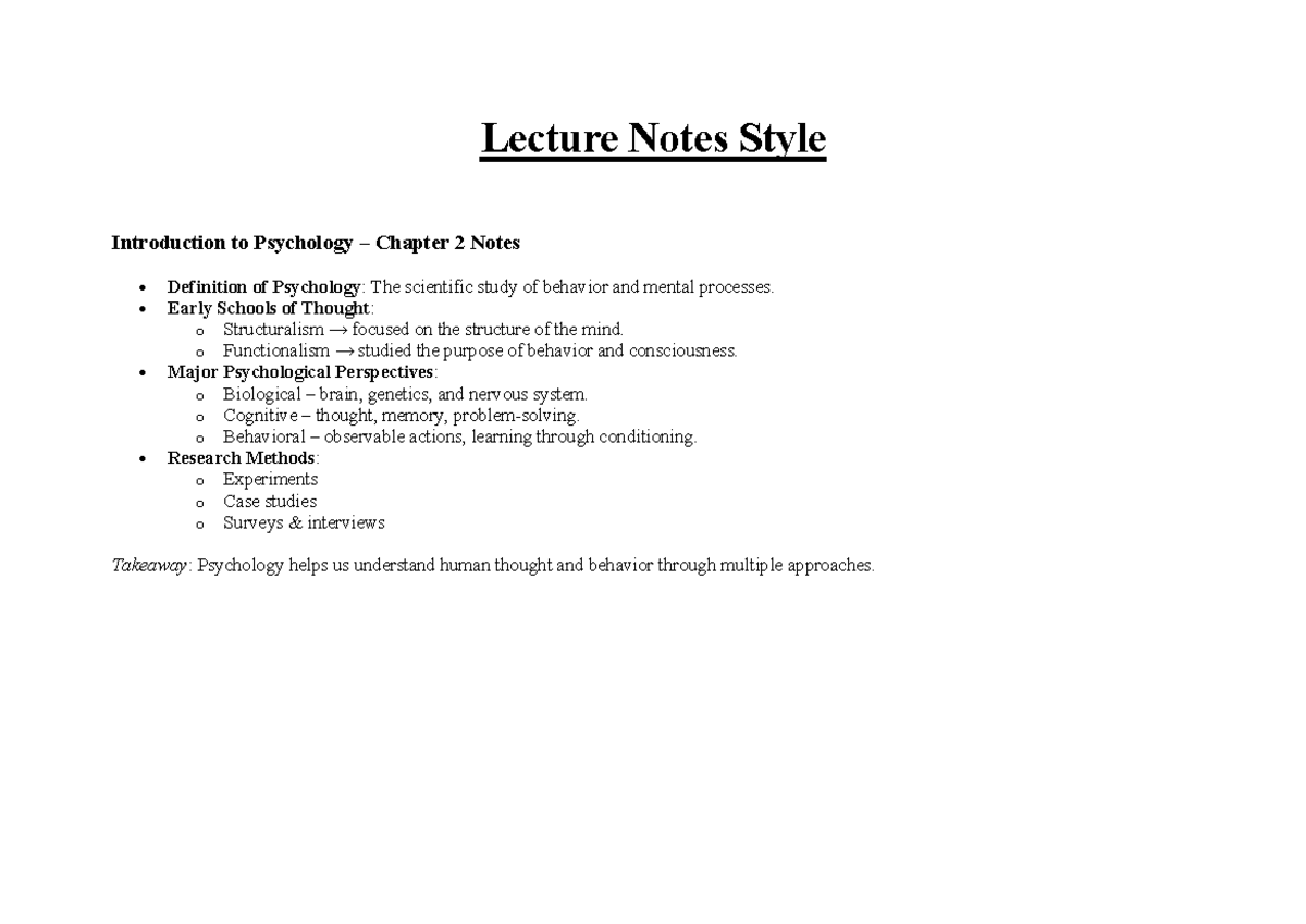 Introduction to Psychology – Chapter 2 Notes - Lecture Notes Style ...