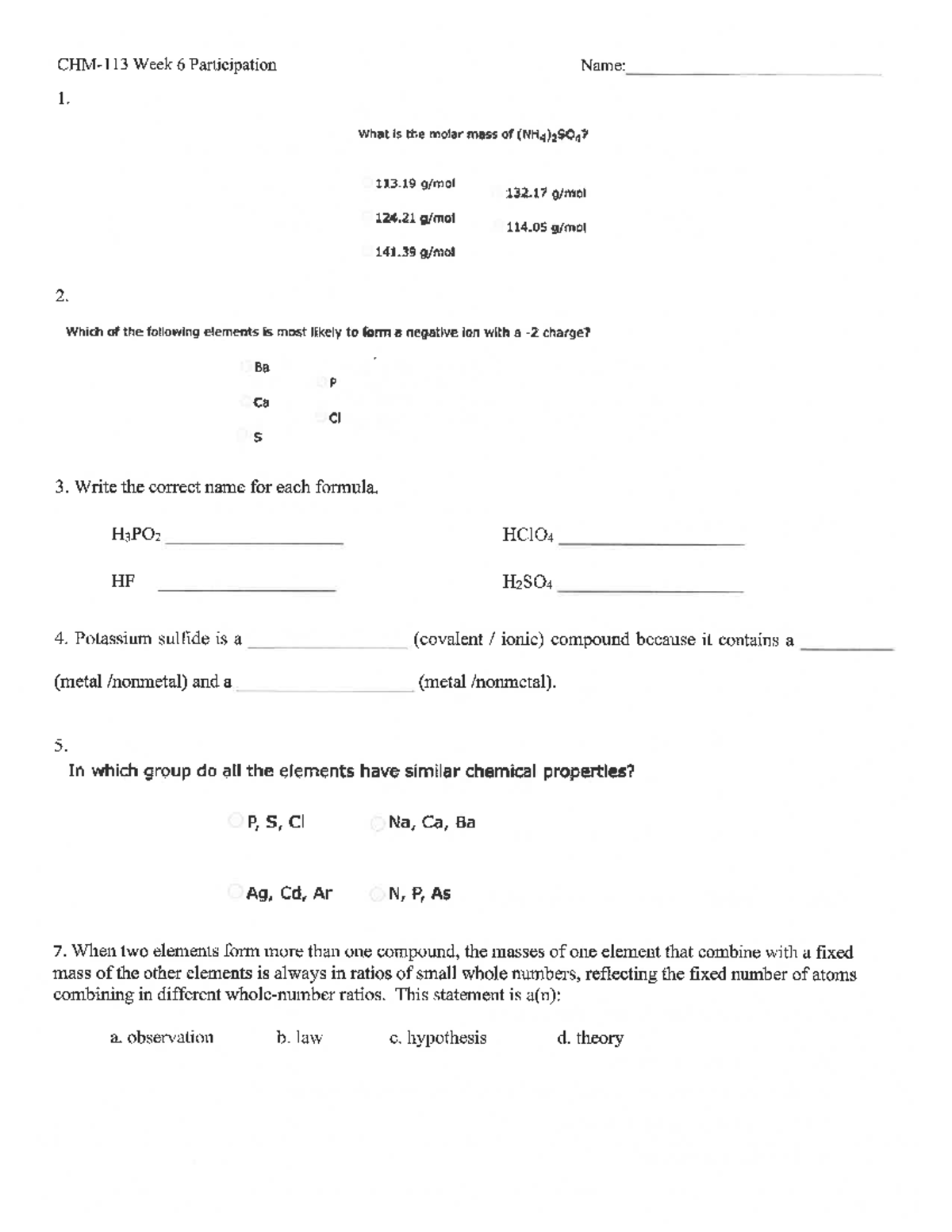 Chemistry Quiz: Ionic Compounds and Electron Configuration - Studocu