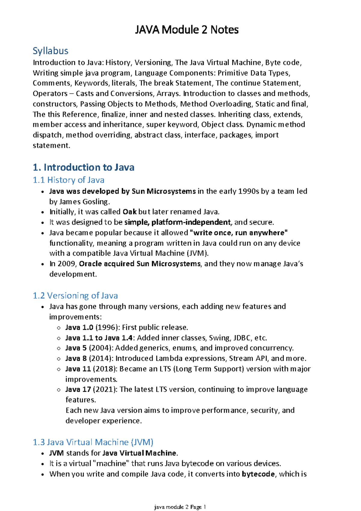 Java Module 2 - Syllabus and Core Concepts - Studocu