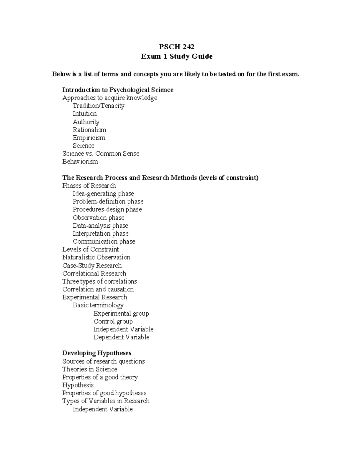 PSCH 242 Exam 1 Study Guide: Key Terms & Concepts - Studocu