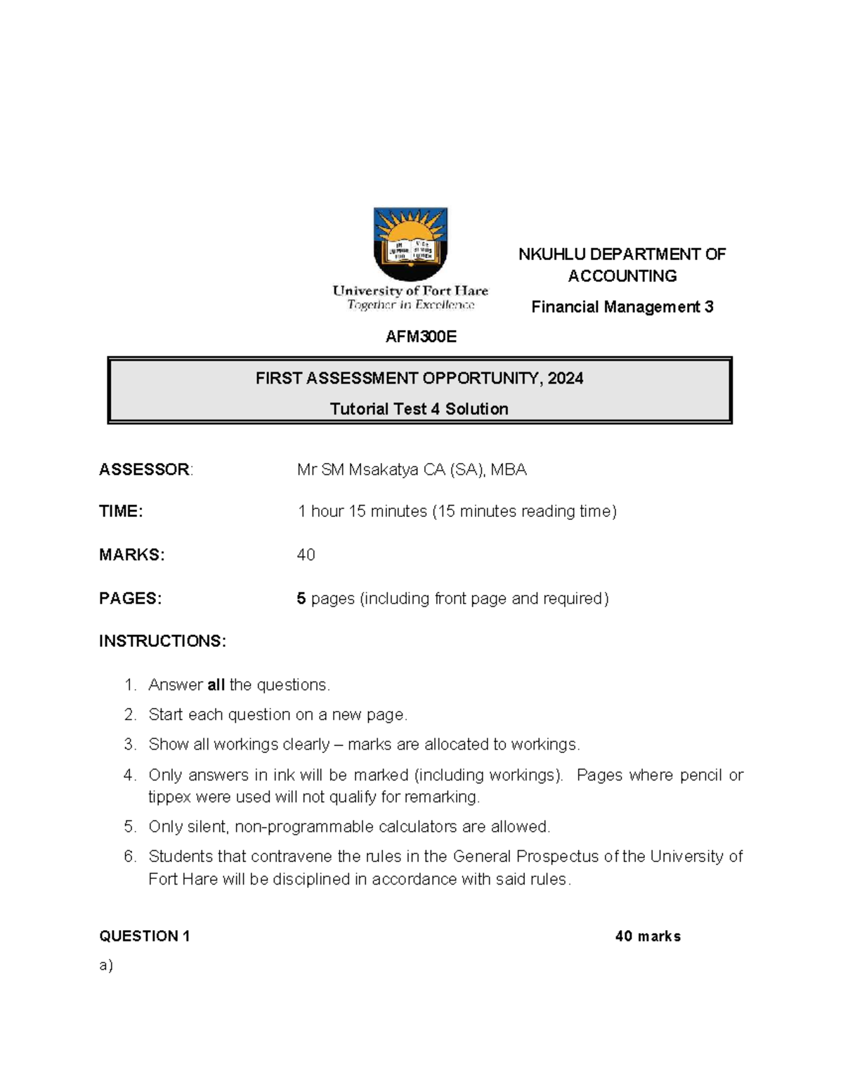 AFM300E Financial Management 3 Tutorial Test 4 Solutions, 2024 - Studocu