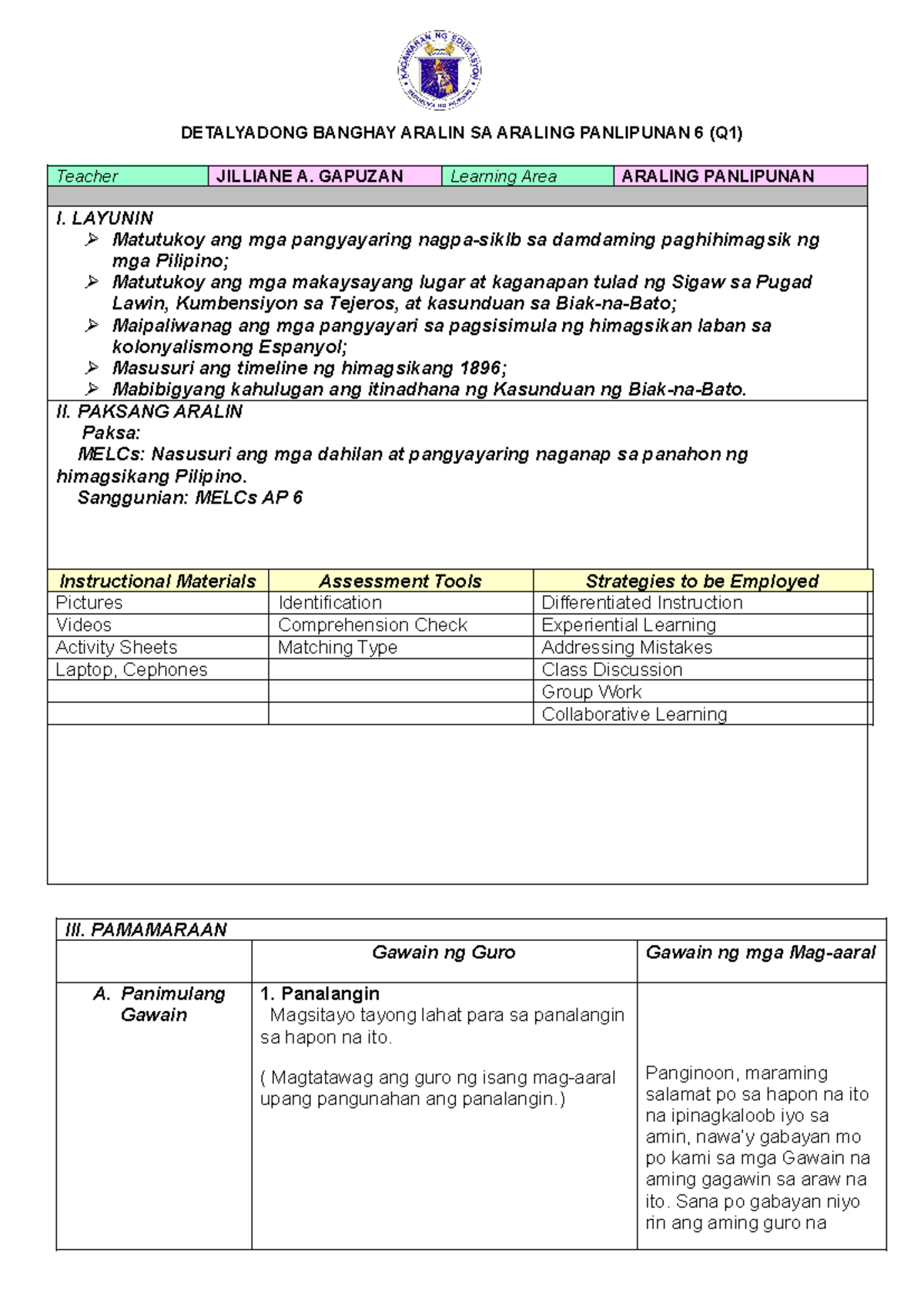 Ap 6 - Detalyadong Banghay Aralin sa Araling Panlipunan - Studocu