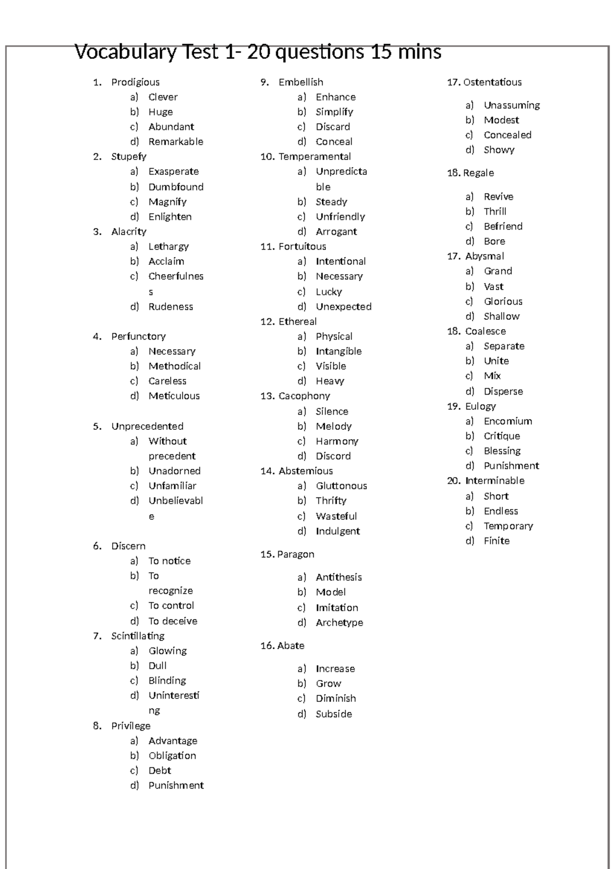 Vocabulary Test: Verbal Reasoning (20 Questions, 15 Mins) - Studocu