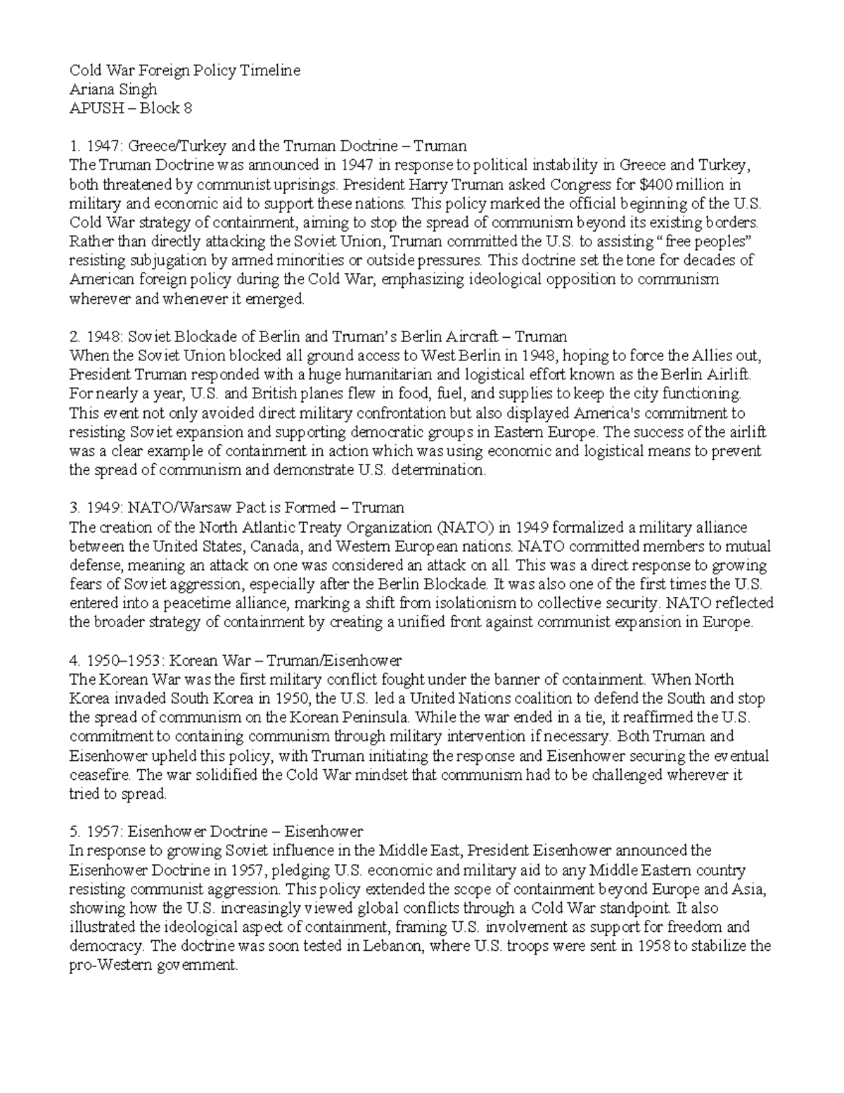 Cold War Foreign Policy Timeline: Key Events (APUSH Block 8) - Studocu