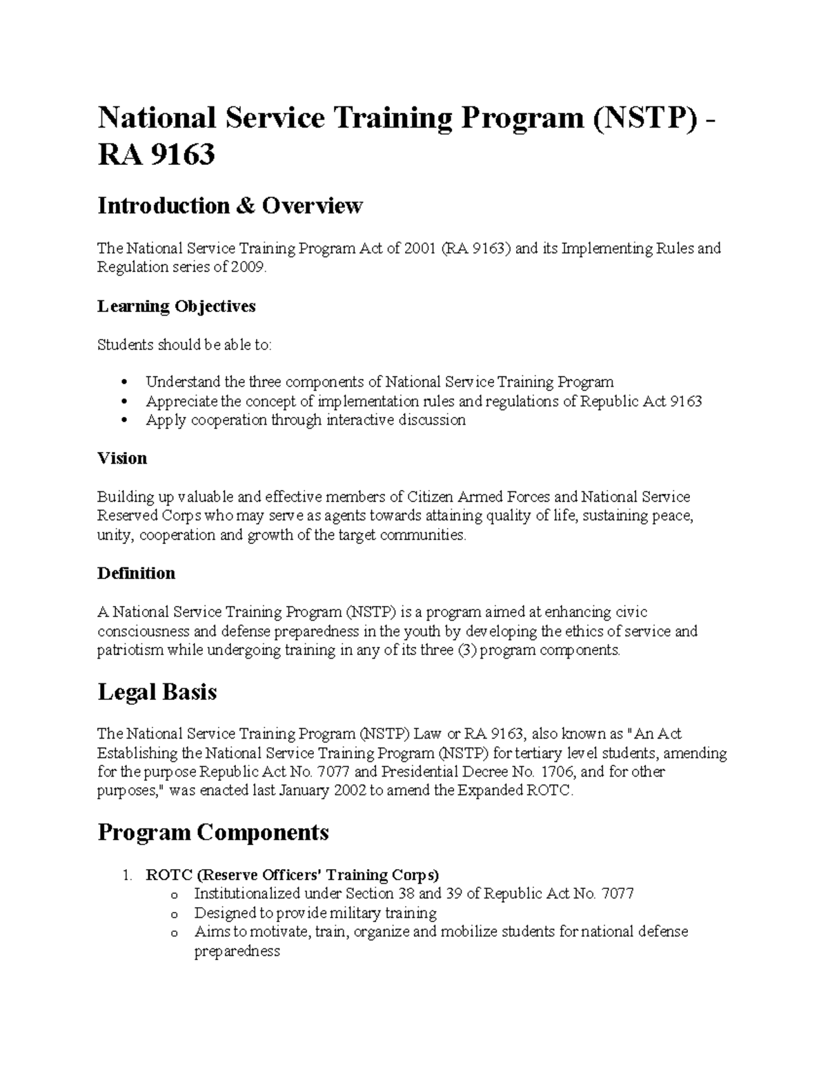 NSTP RA 9163: Overview and Key Components of National Service Training ...