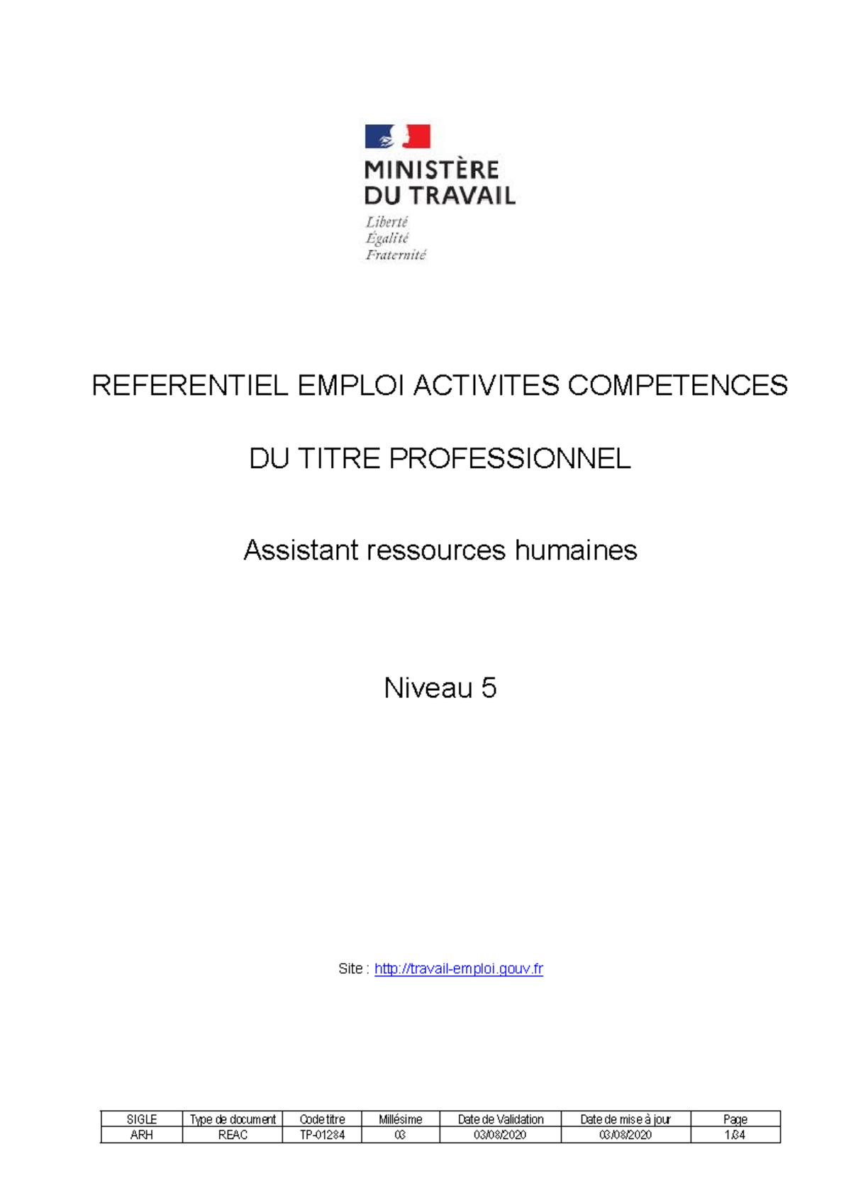 Référentiel d'Emploi et Compétences pour Assistant RH - ARH REAC TP-01284 - Studocu
