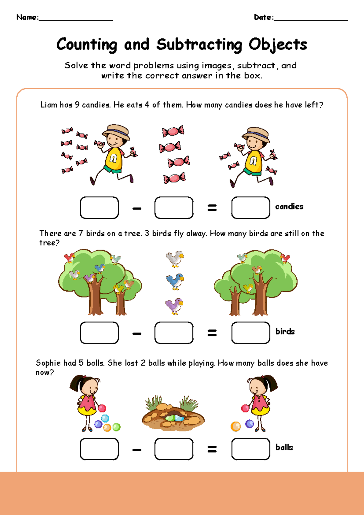 Counting and Subtracting Objects - Kindergarten Worksheet - Solve the ...