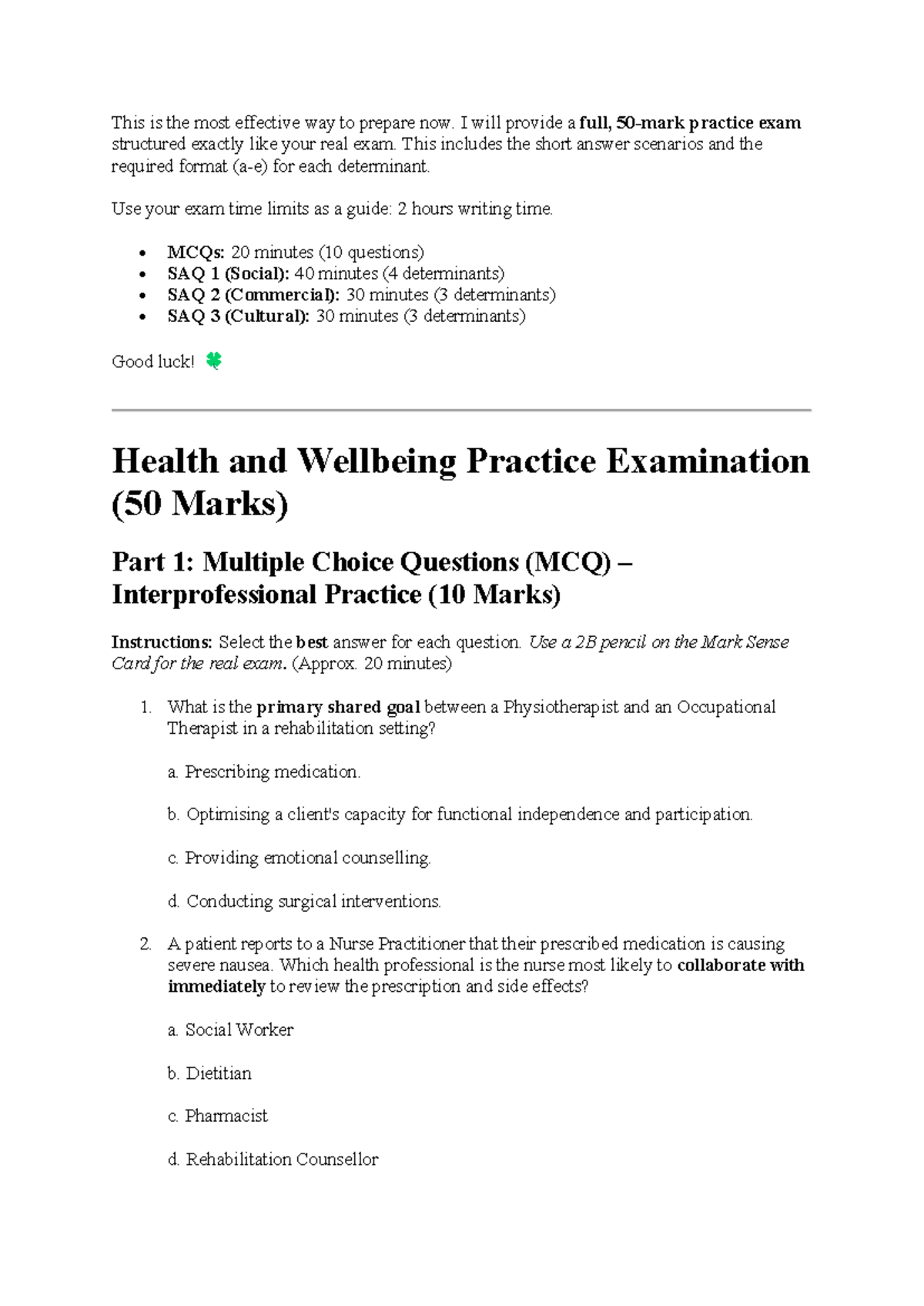 1205MED Health and Wellbeing Practice Exam Preparation Guide - Studocu