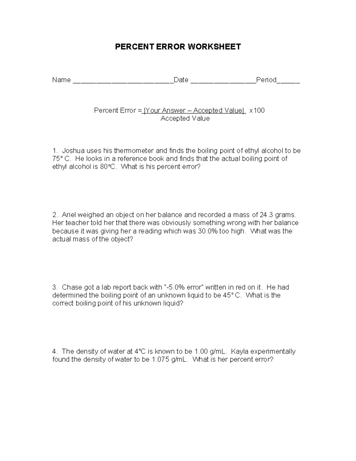 Percent Error Worksheet - Science Lab Calculations - Studocu