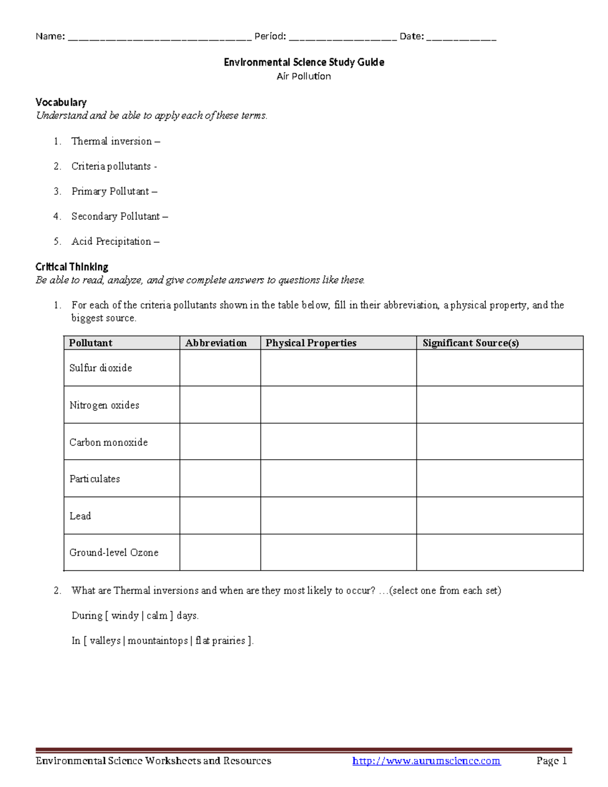 Air Pollution Study Guide - Name ...
