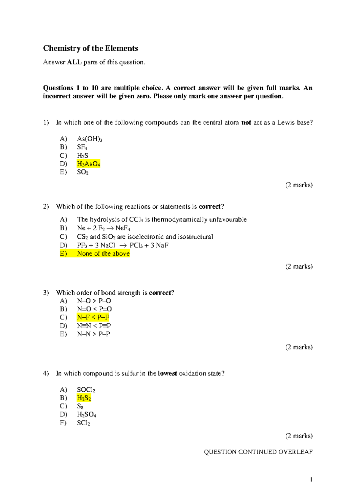 Chemistry of the Elements May 2020 Multiple Choice Exam Answers ...