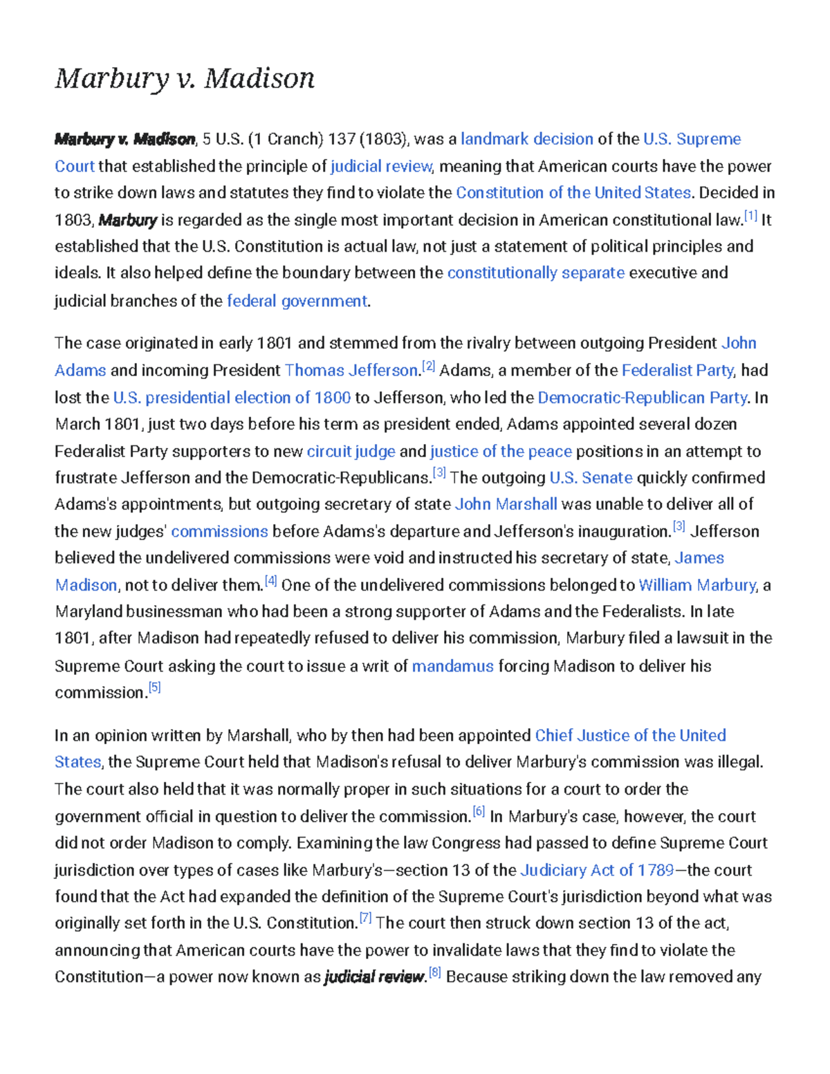 Marbury v. Madison: Landmark Supreme Court Case Analysis - Studocu