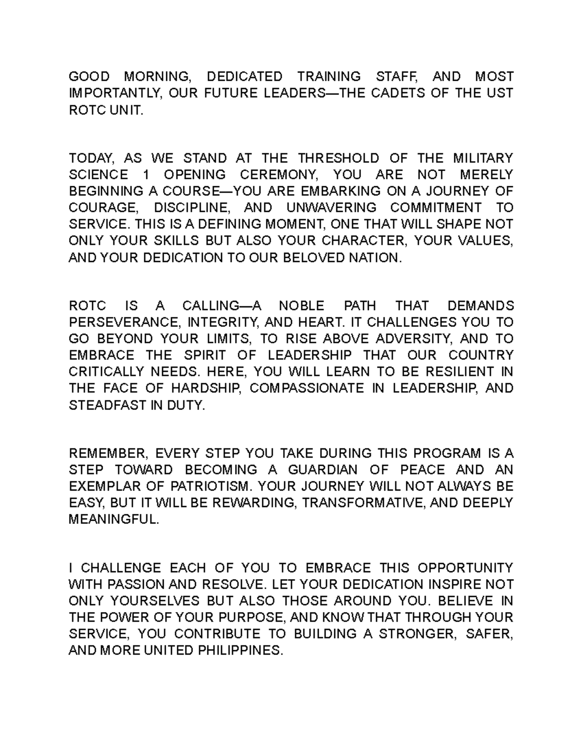 UST ROTC Unit: Welcome Remarks for Military Science 1 Ceremony - Studocu