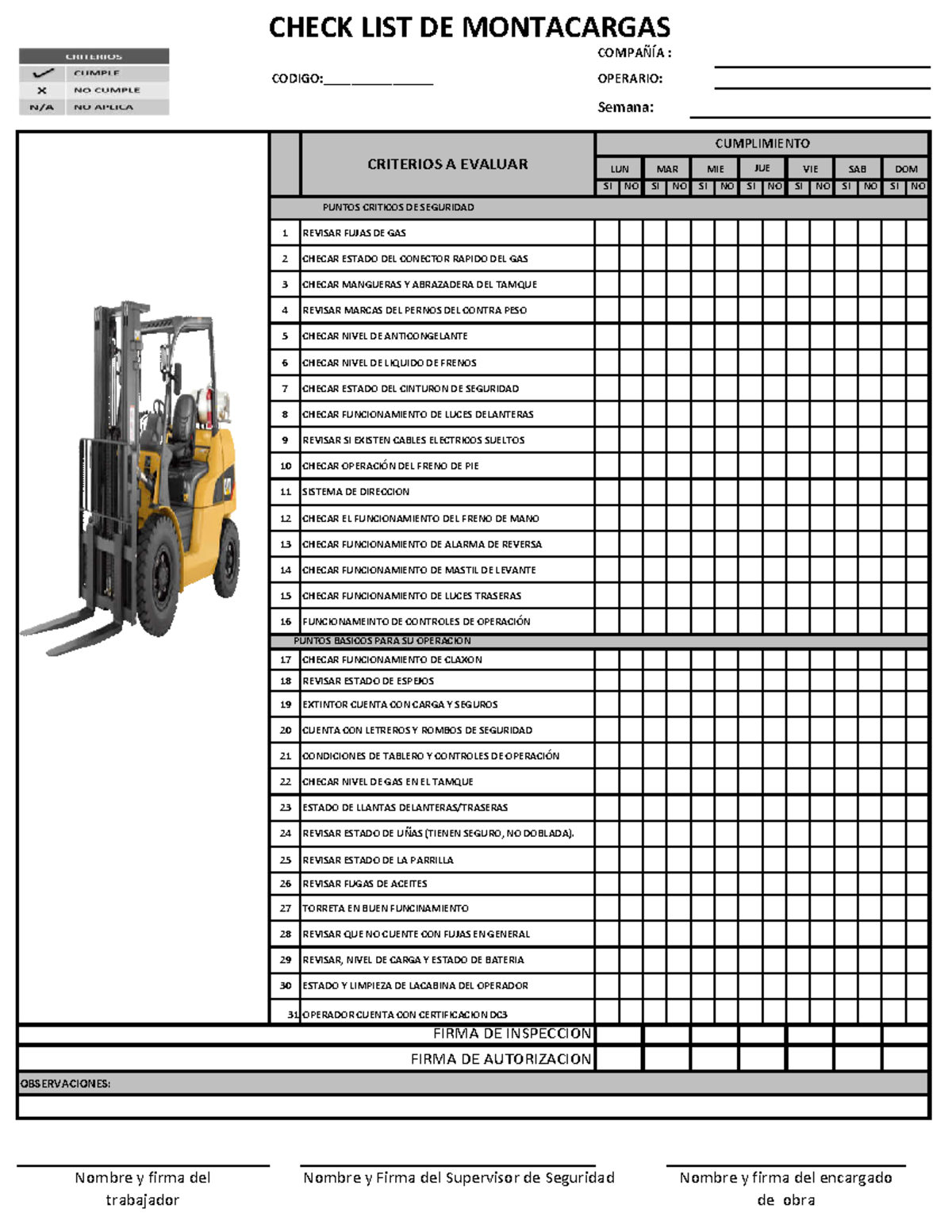Check List de Inspección de Montacargas - Seguridad y Operación - Studocu