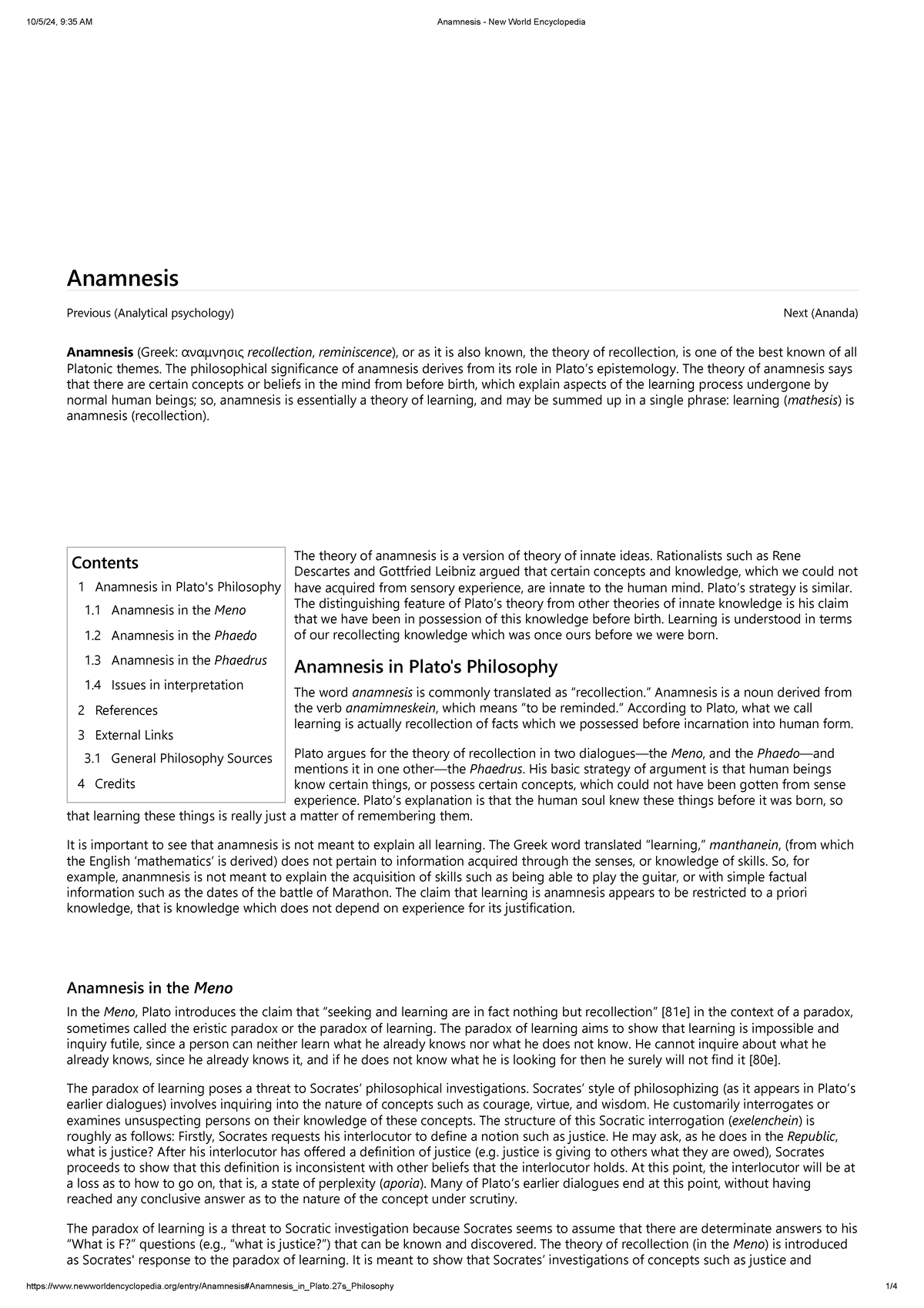 Anamnesis - Plato - CASE - Previous (Analytical psychology) Next ...