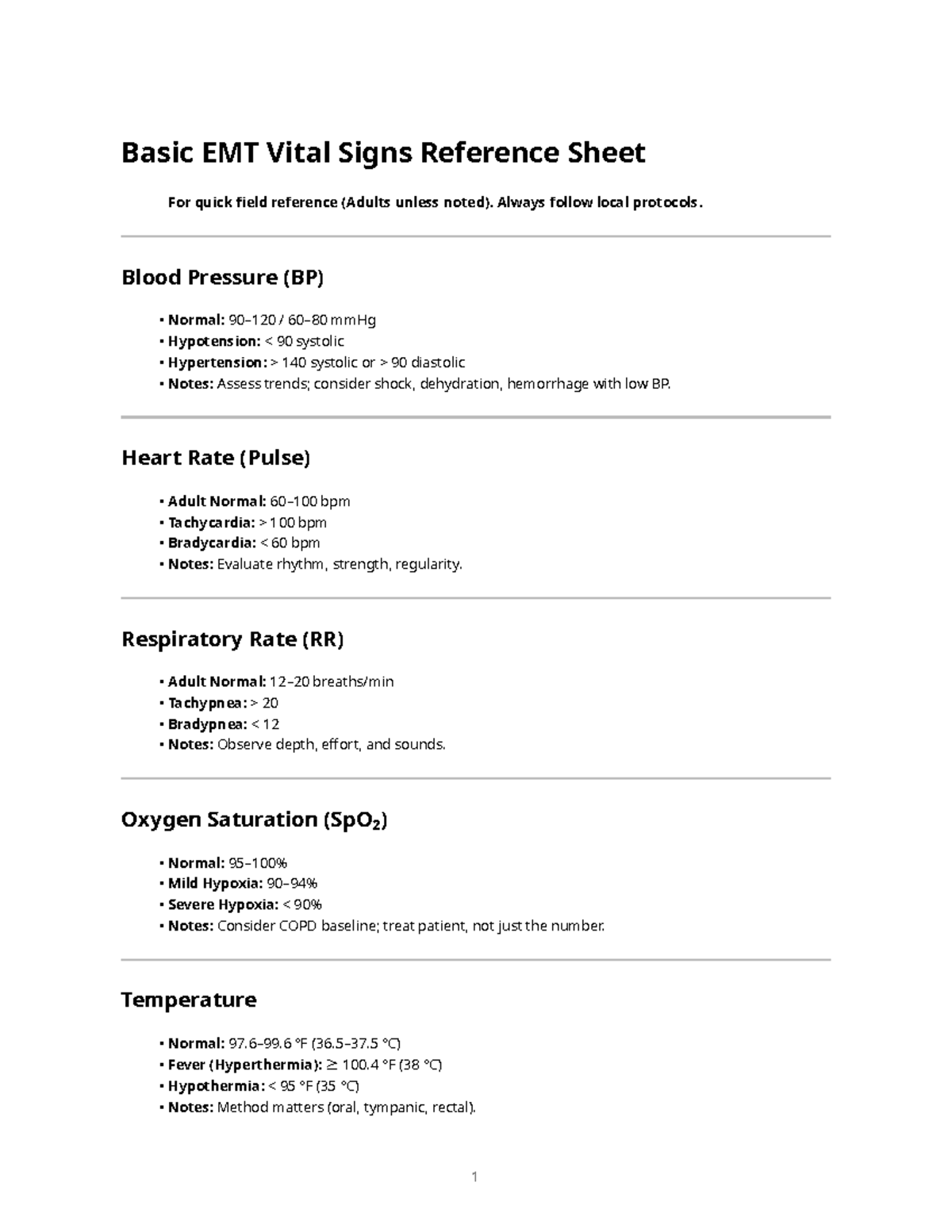 Basic EMT Vital Signs Quick Reference Sheet - Studocu
