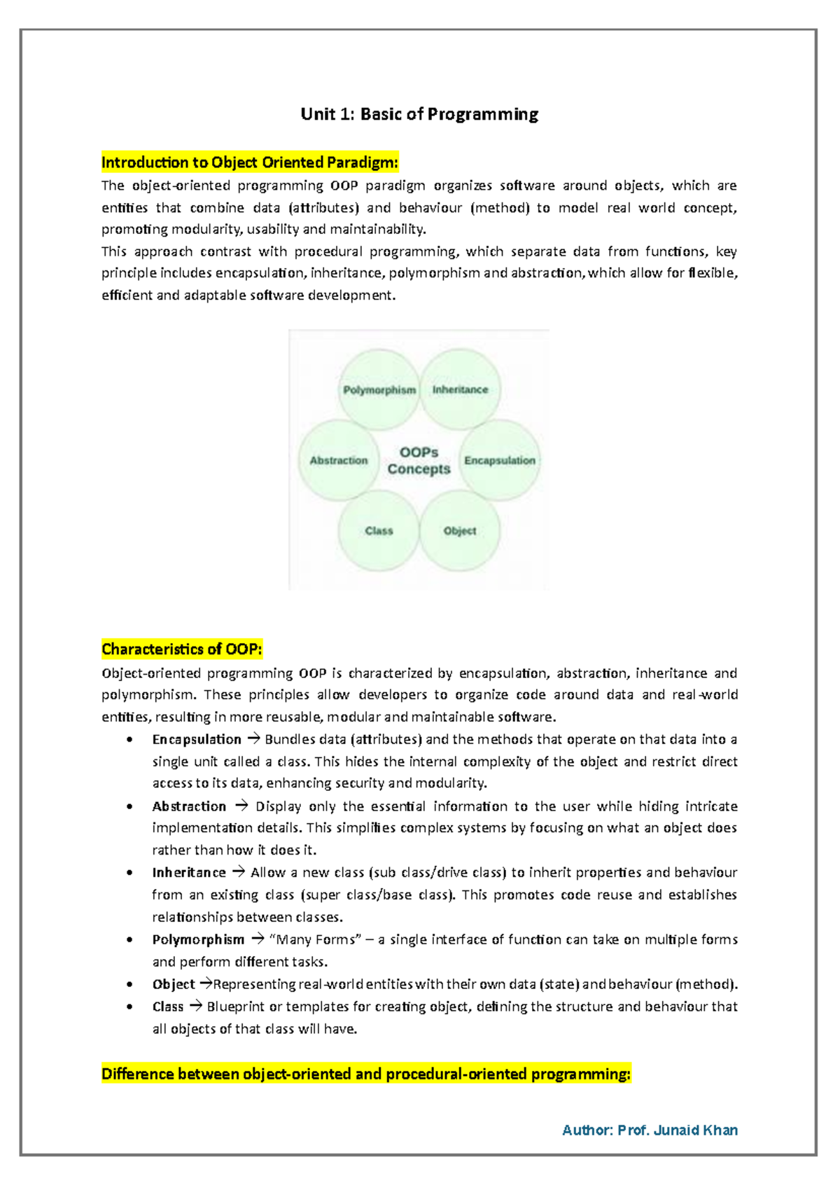 BCA CPP Unit 01: Introduction to Object-Oriented Programming - Studocu