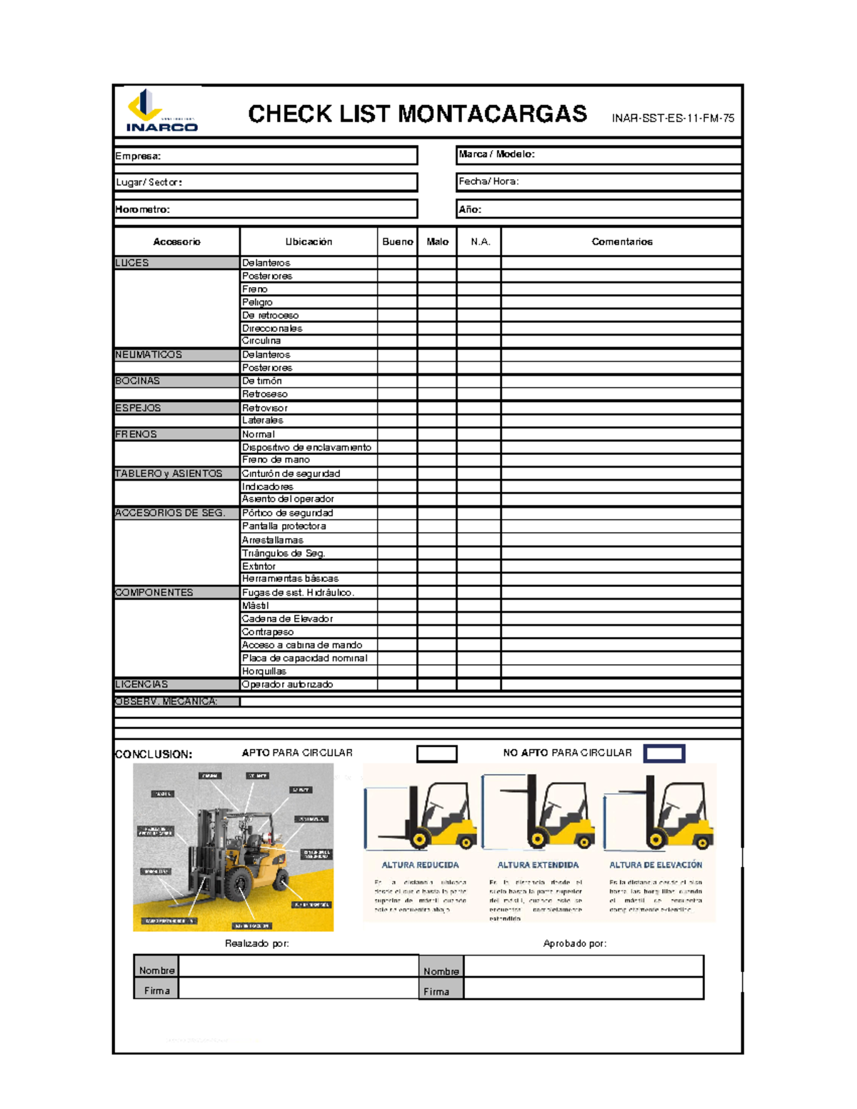 Check List Montacargas INAR-SST-ES-11-FM-7: Seguridad y Mantenimiento - Studocu