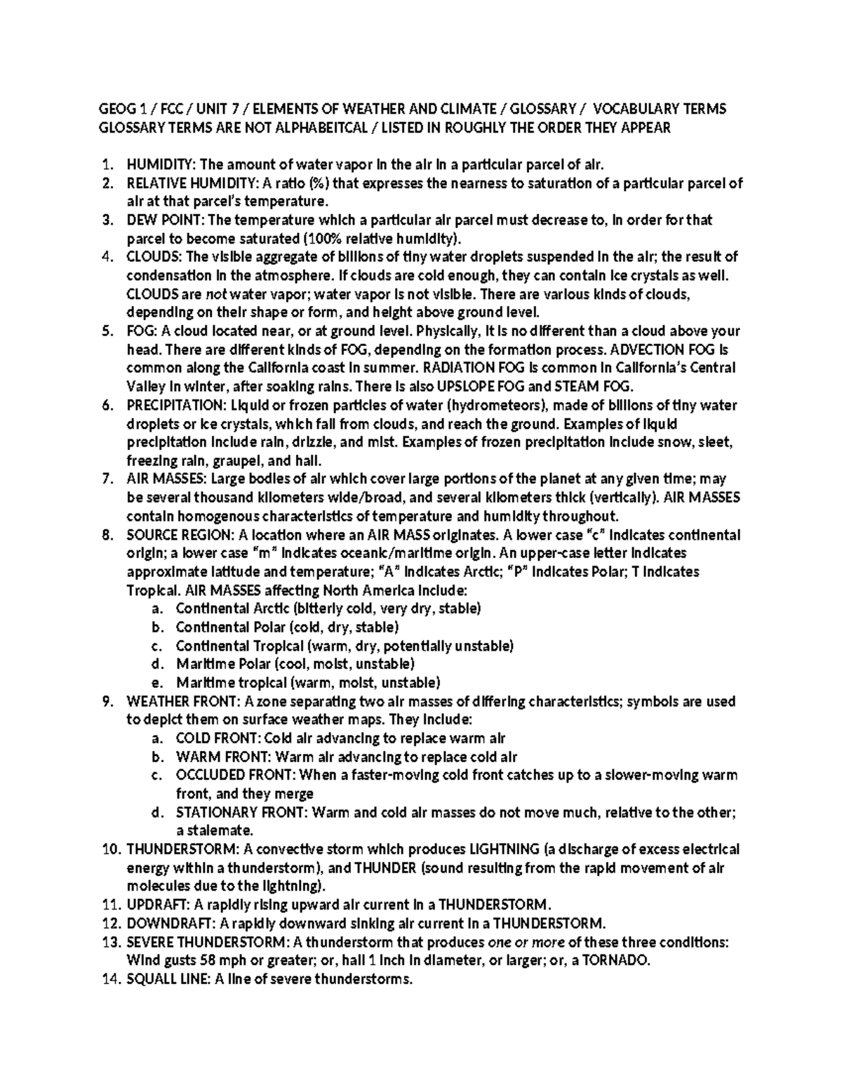 GEOG 1: Unit 7 - Weather & Climate Glossary Terms Explained - Studocu