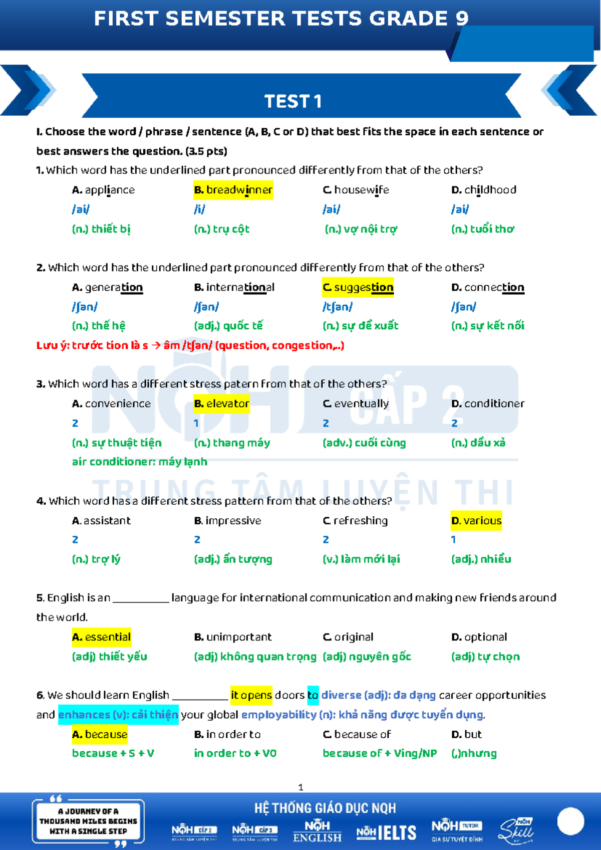 Premium 9 - KEY - TEST 1,2 - I. Choose the word / phrase / sentence (A ...