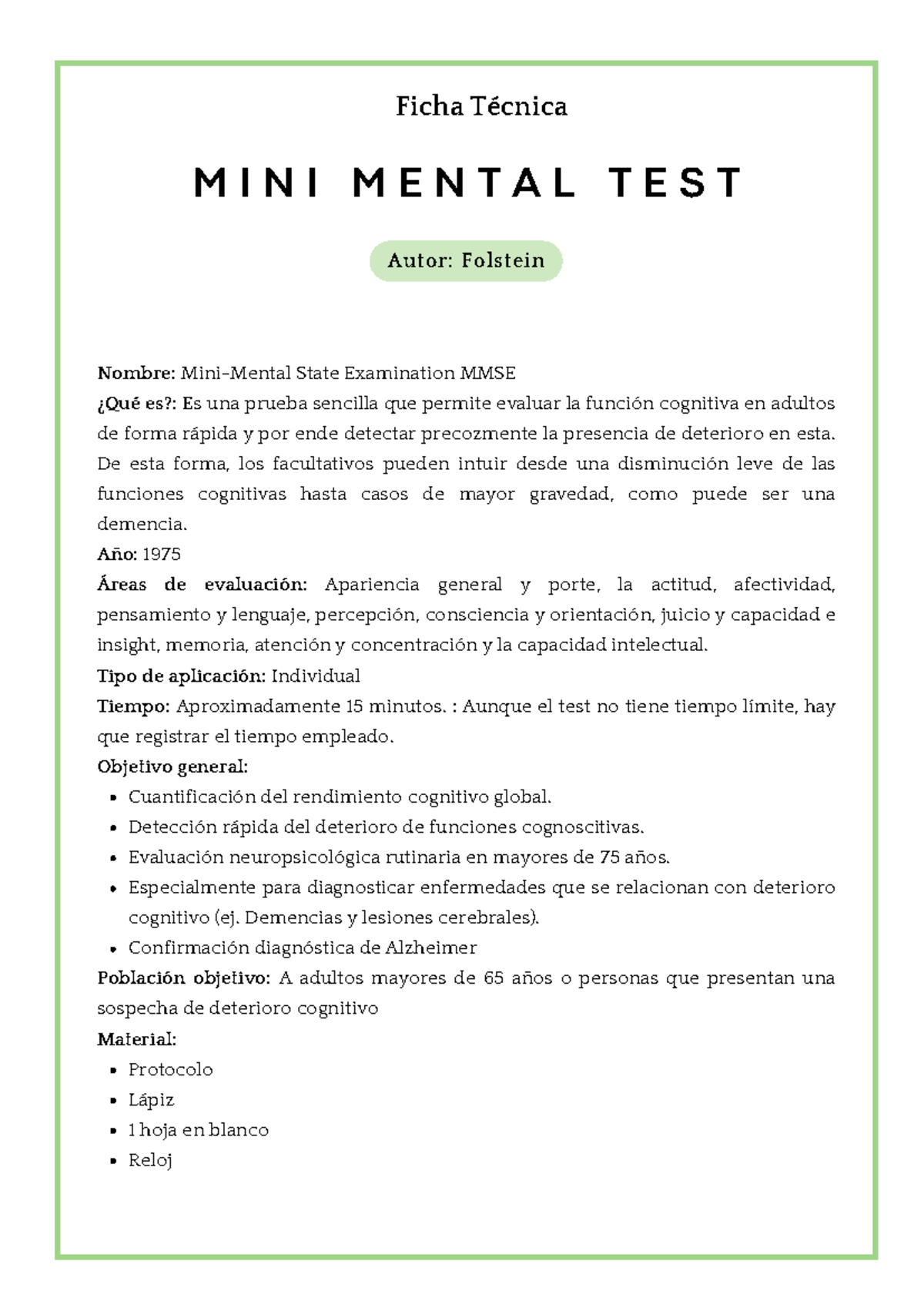 Mini-Mental State Examination (MMSE): Ficha Técnica y Evaluación - Studocu