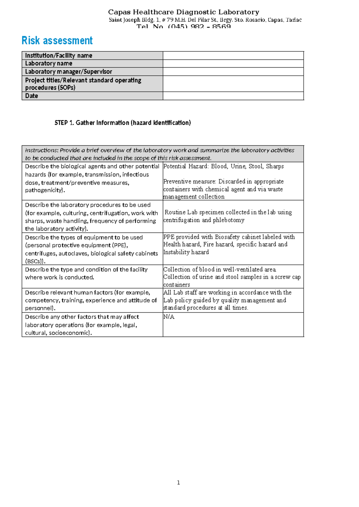 Local RISK Assessment 2023 for Capas Healthcare Laboratory SOPs - Studocu