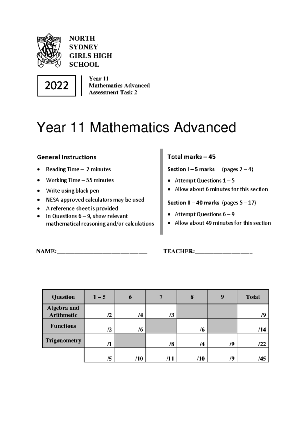 2022 Yr 11 Mathematics Advanced Assessment Task 2 - North Sydney Girls ...