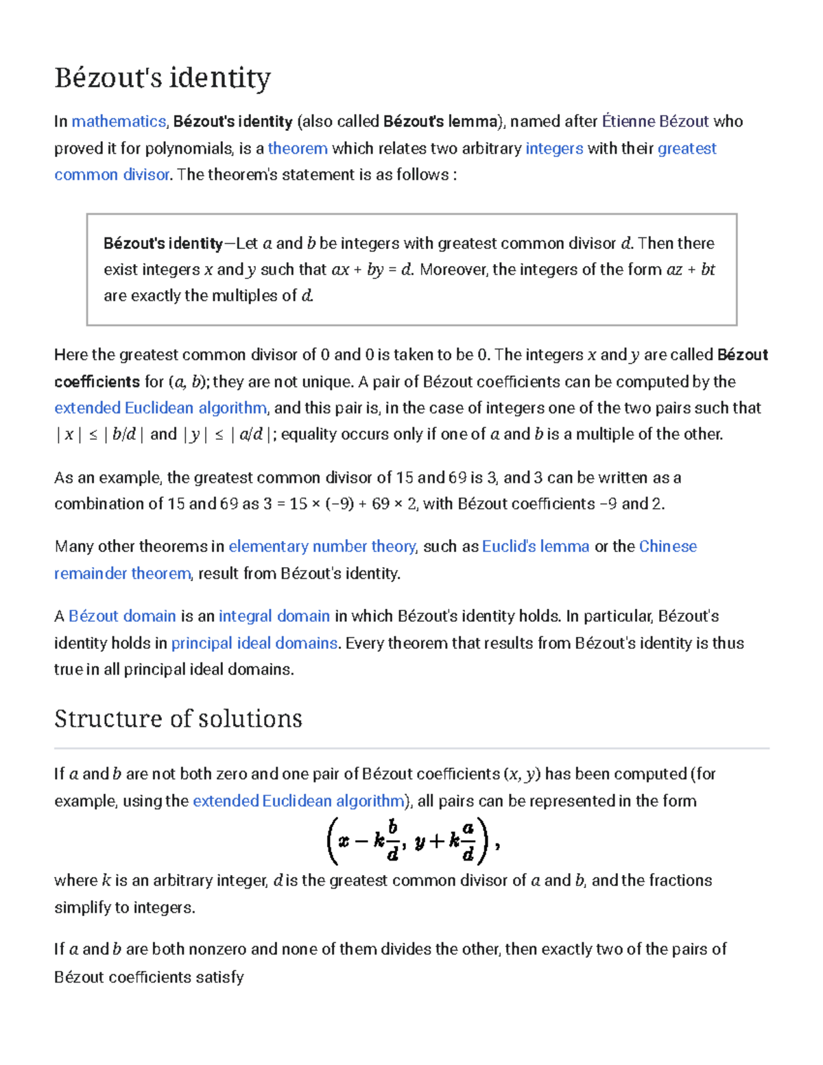 Bézout's Identity in Mathematics: Understanding GCD and Coefficients - Studocu